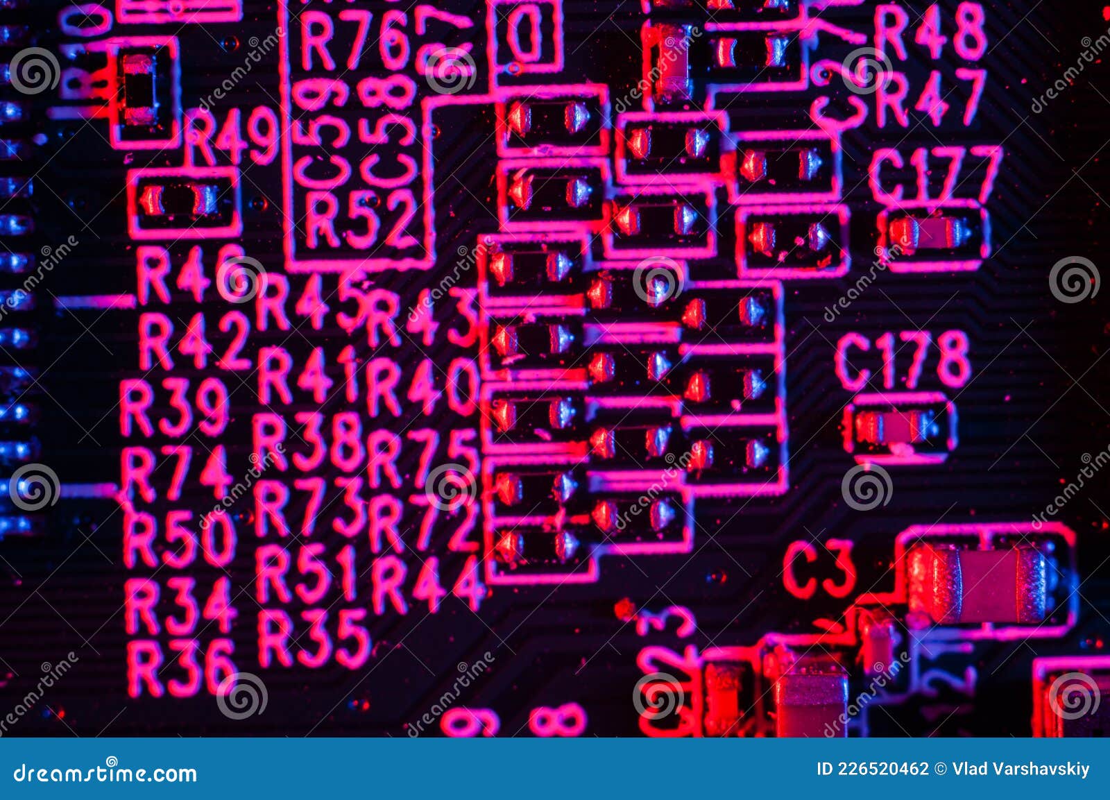 Circuit Board Close Up in Bright Pink Lighting Stock Photo - Image of ...