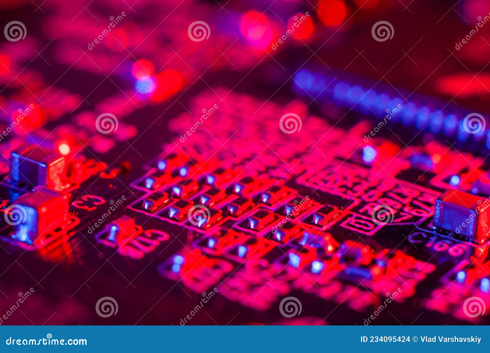 Circuit Board Close Up in Bright Red Light Stock Photo - Image of ...