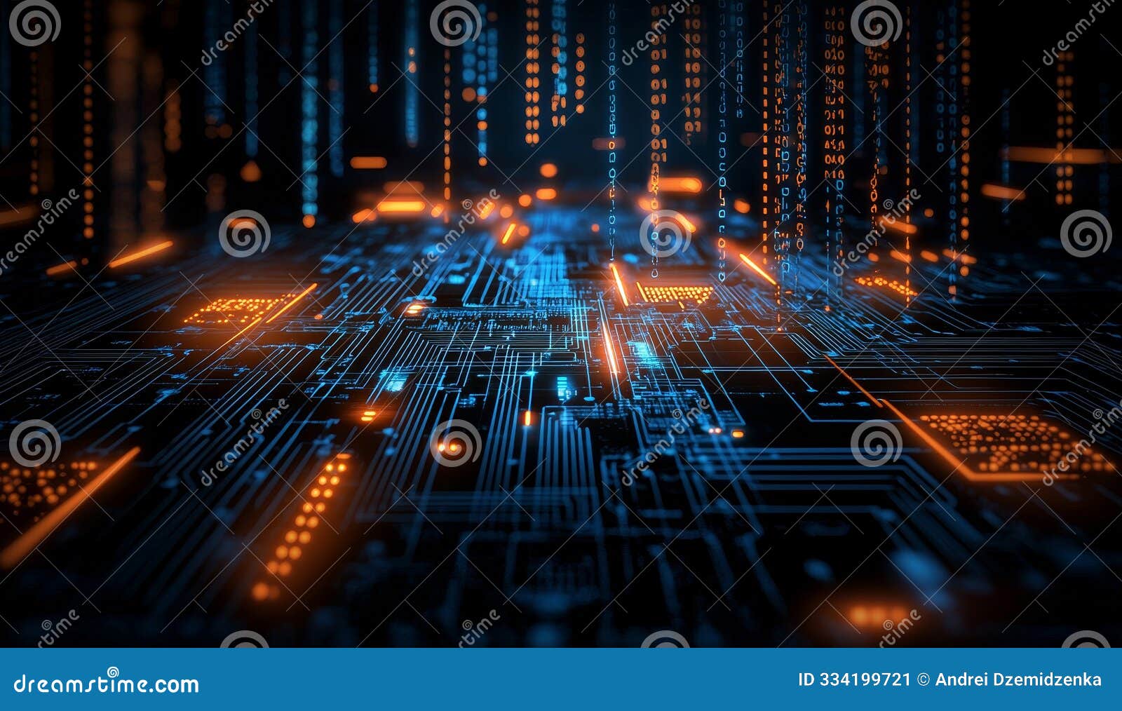 Circuit Board and Code with Orange and Blue Technology Backgrounds ...