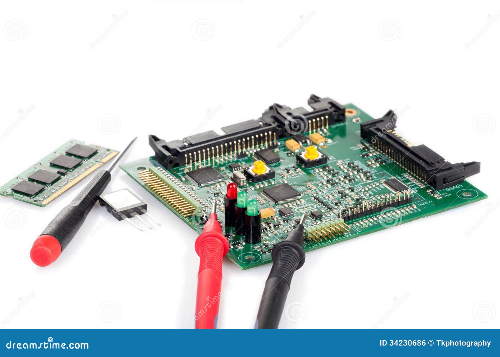 Circuit Board with Components, Screwdriver and Probe Tips Stock Photo ...