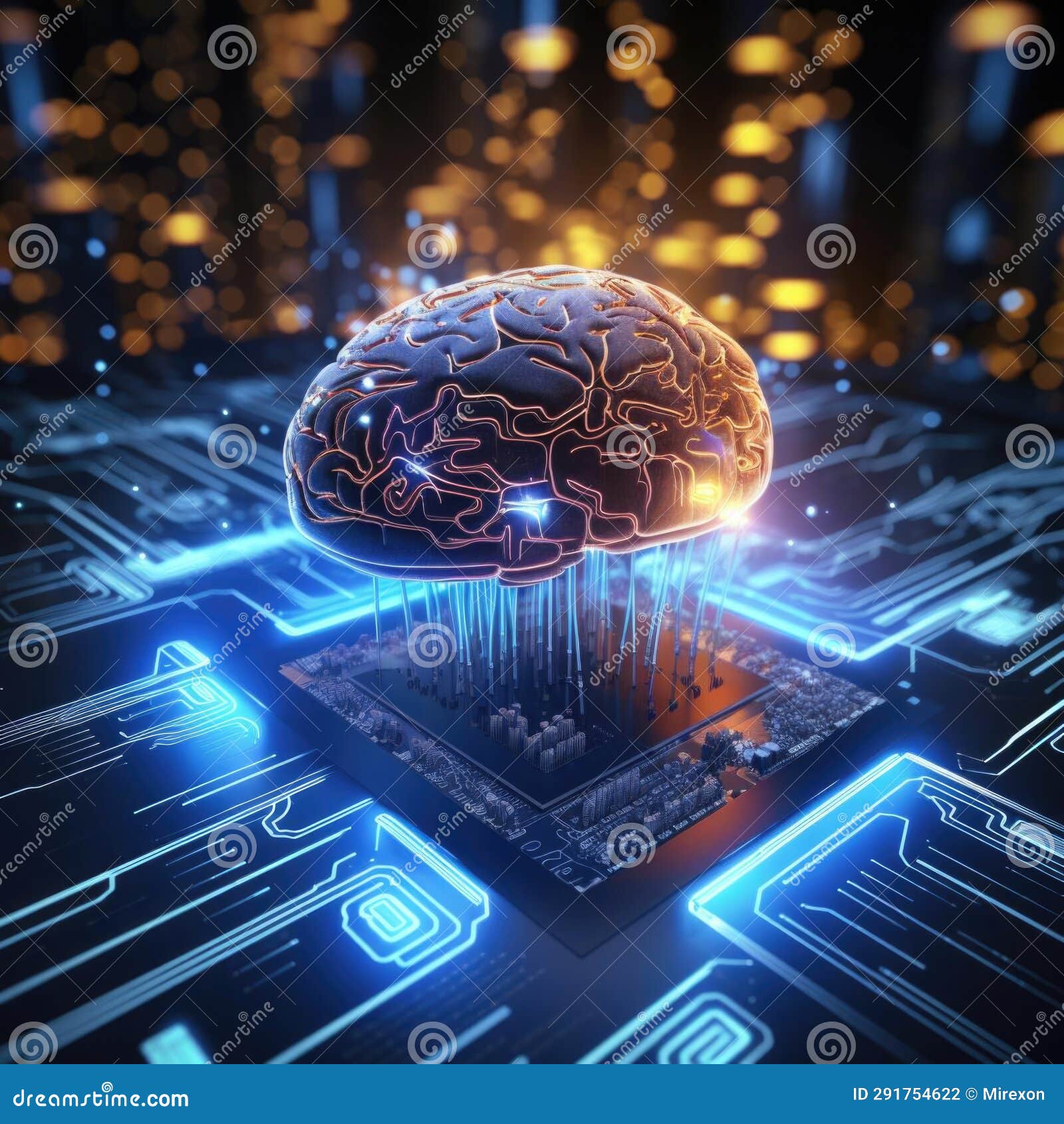 Circuit Board Computer with Brain. Artificial Neural Network. Stock ...