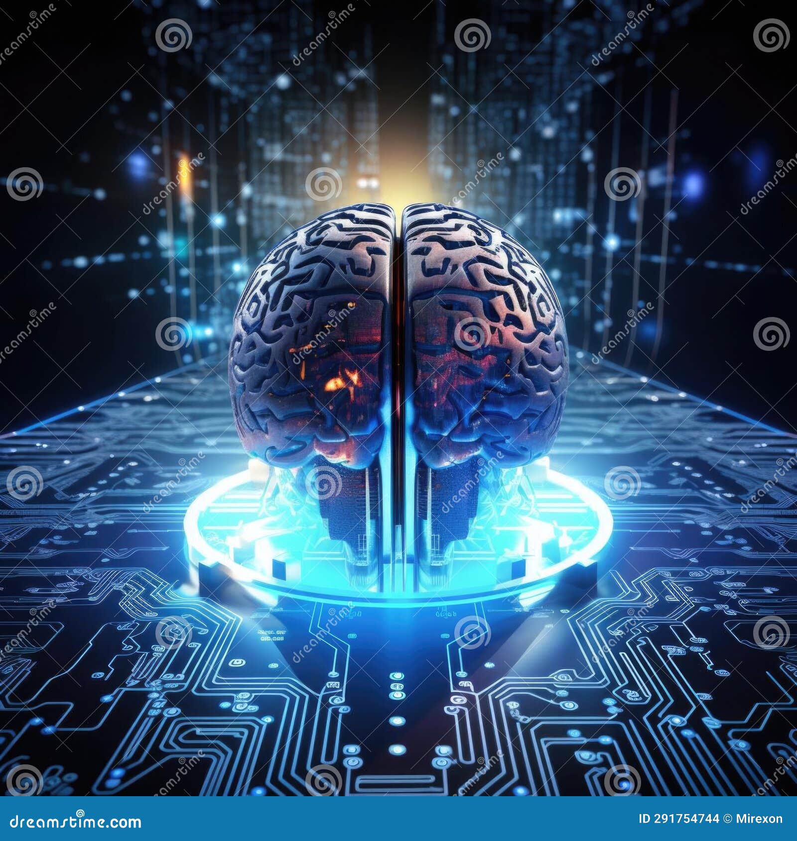 Circuit Board Computer with Brain. Artificial Neural Network. Stock ...