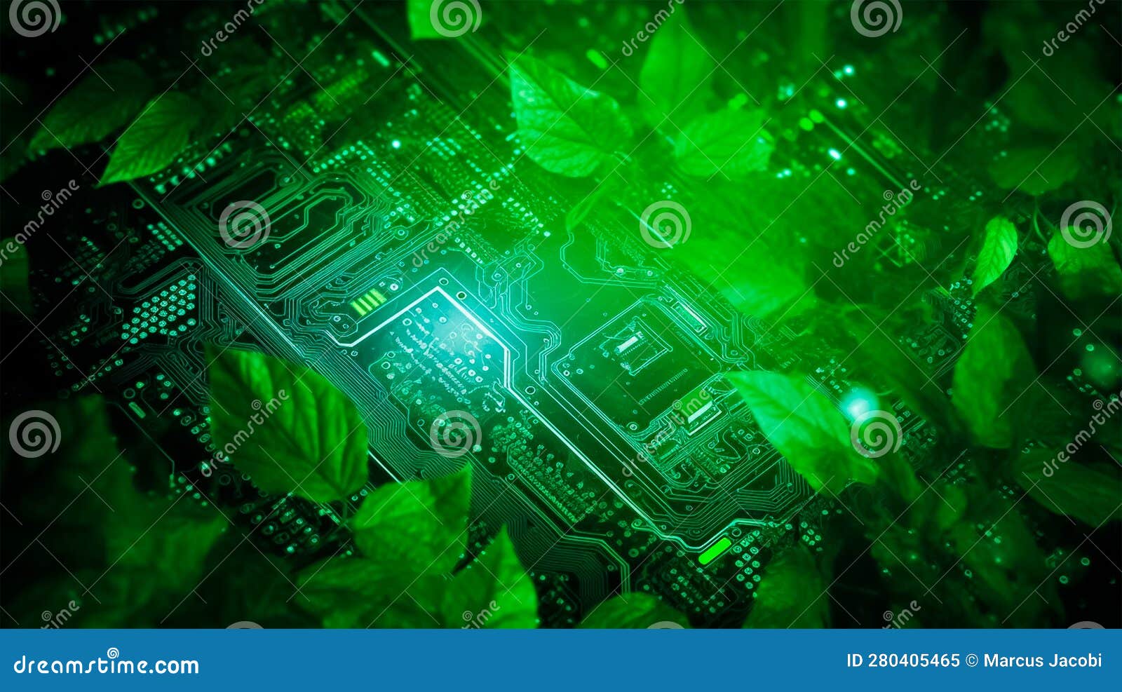 Circuit Board of a Computer Surrounded by Green Plants Stock ...