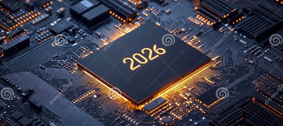 Circuit Board and CPU Chip Illuminated with Number 2026, Symbolizing ...