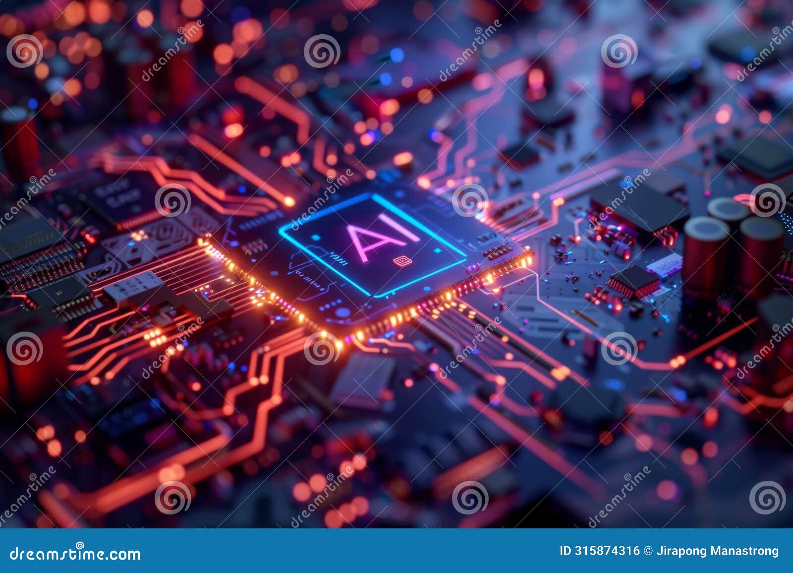 Circuit Board CPU or GPU Processor Microchip Starting Artificial Intelligence of Neural ...