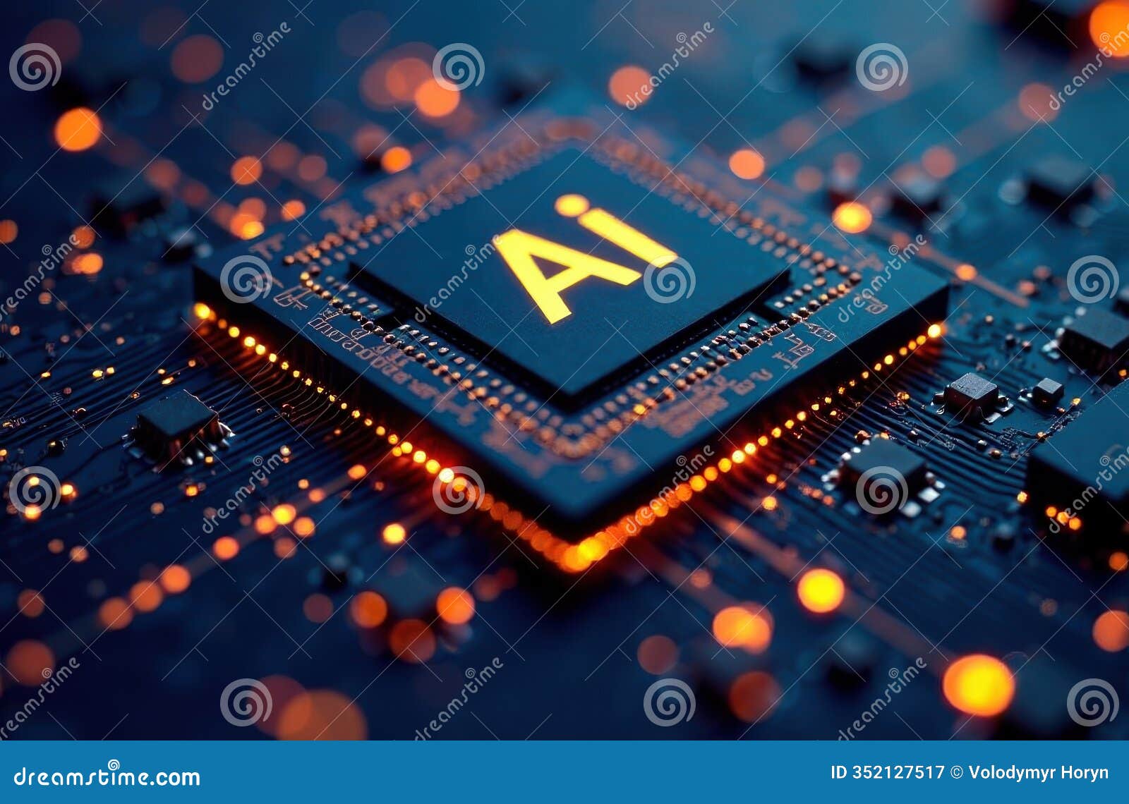 Circuit Board CPU Microchip Starting AI Visualization of Neural Networking. Digital Connectors ...