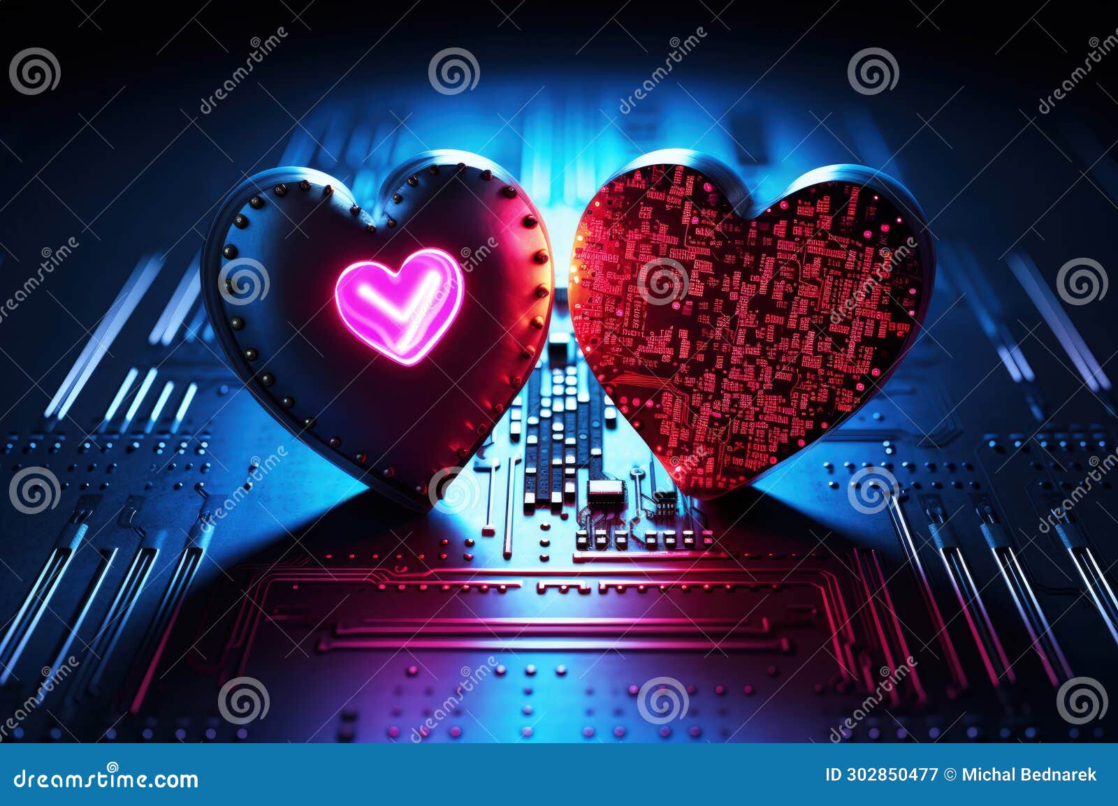 Circuit Board Cyber Network Connects Two Hearts, Symbolizing Love ...