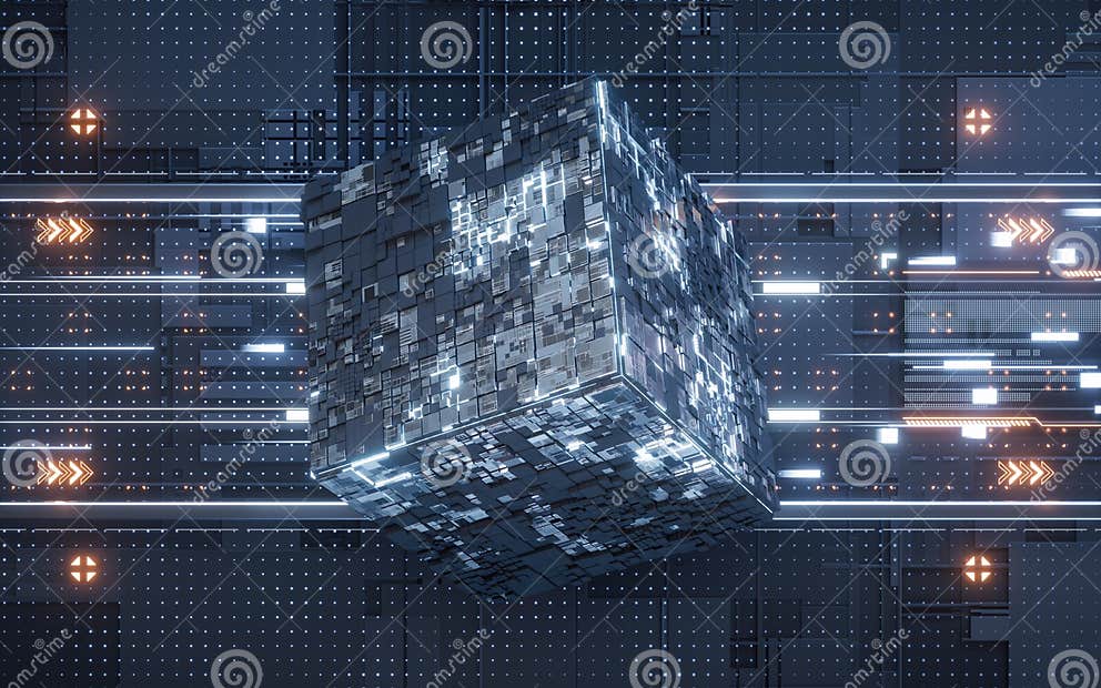 Circuit Board and Electrical Chip Core, 3d Rendering Stock Illustration ...