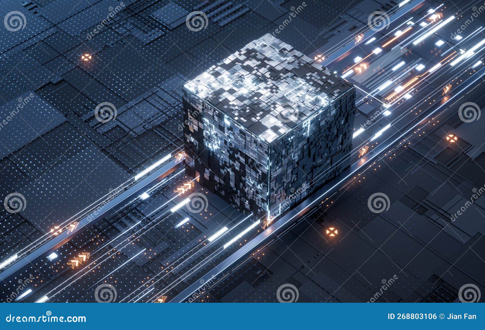 Circuit Board and Electrical Chip Core, 3d Rendering Stock Illustration ...