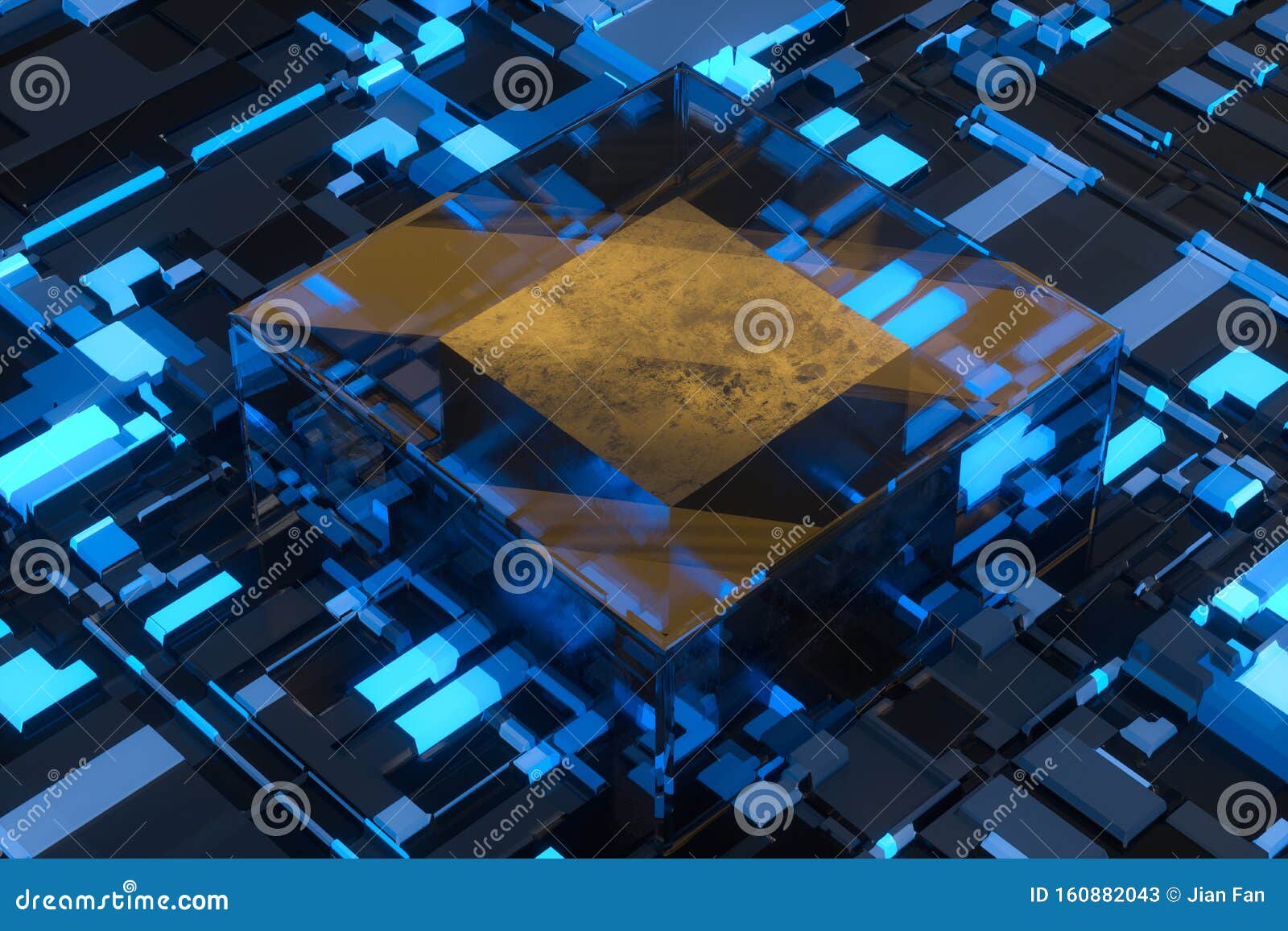 Circuit Board with Glowing Cube and Lines, 3d Rendering Stock ...