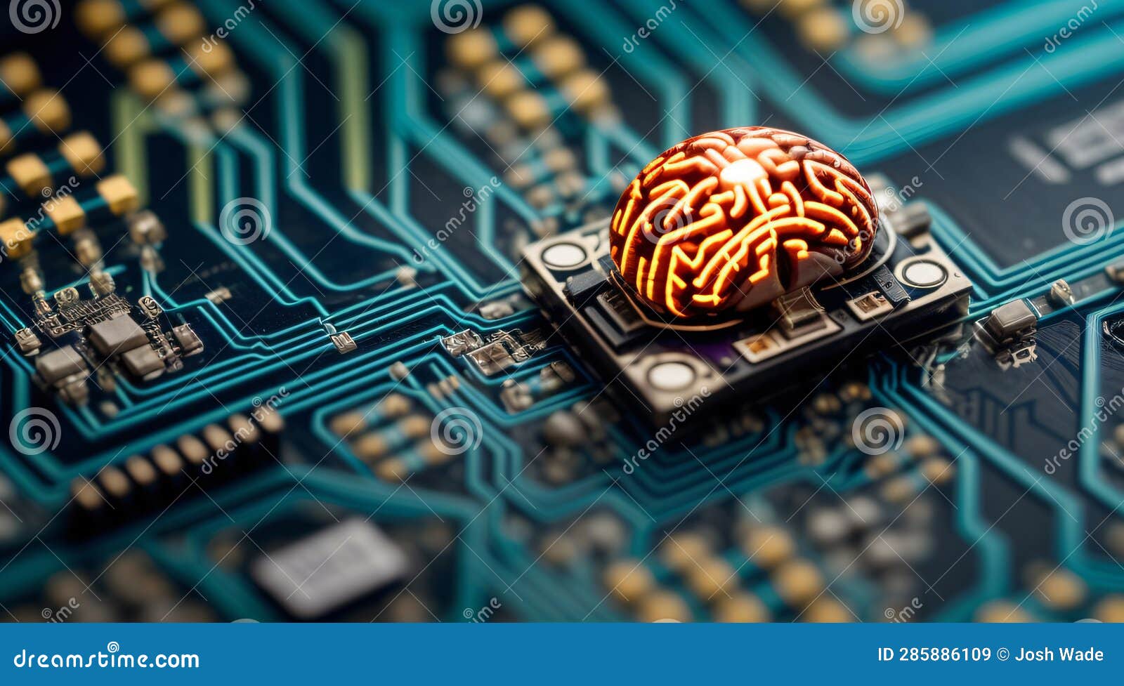 Circuit Board with a Glowing Orange Brain, Electronic Brain. Generative ...