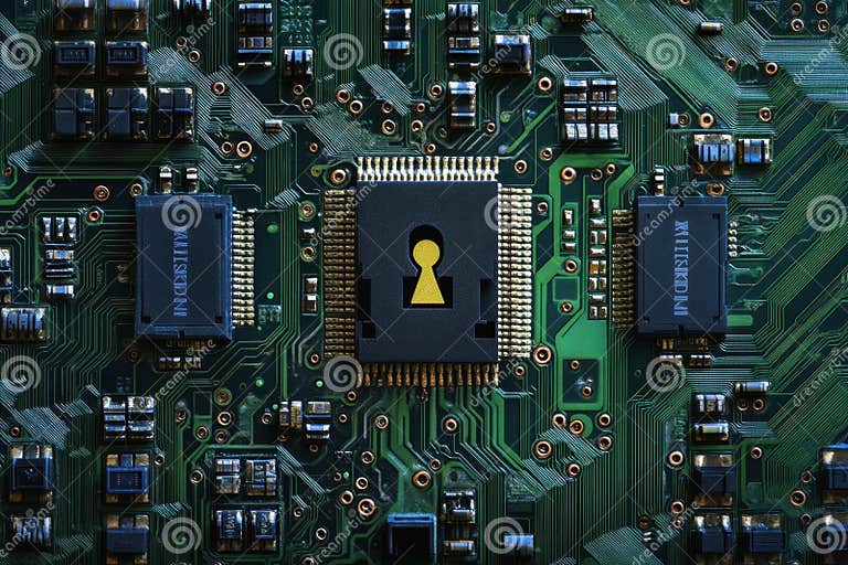 Circuit Board with a Keyhole Symbol Signals Cybersecurity Importance in ...