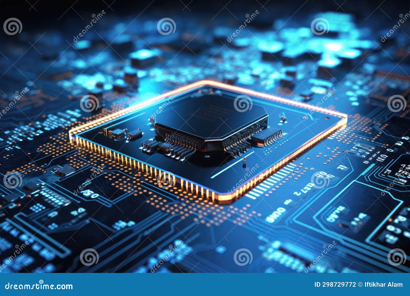 Circuit Board with Microchips Close Up. 3d Rendering, Futuristic ...