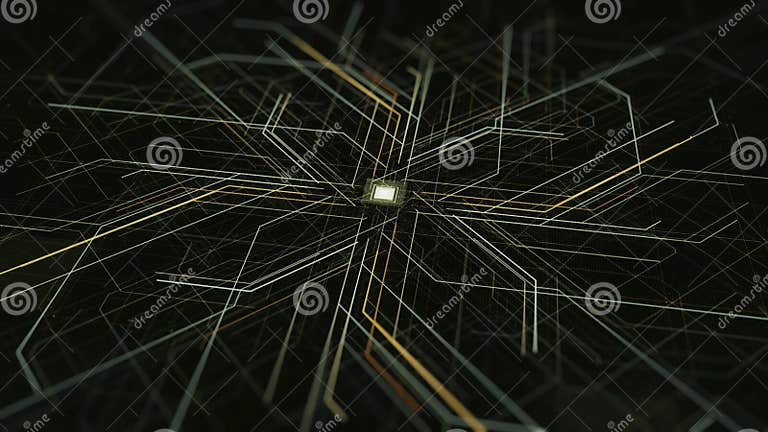 Circuit Board with Moving Electrons, CPU Processing Data. Animation. Abstract Visualization of ...