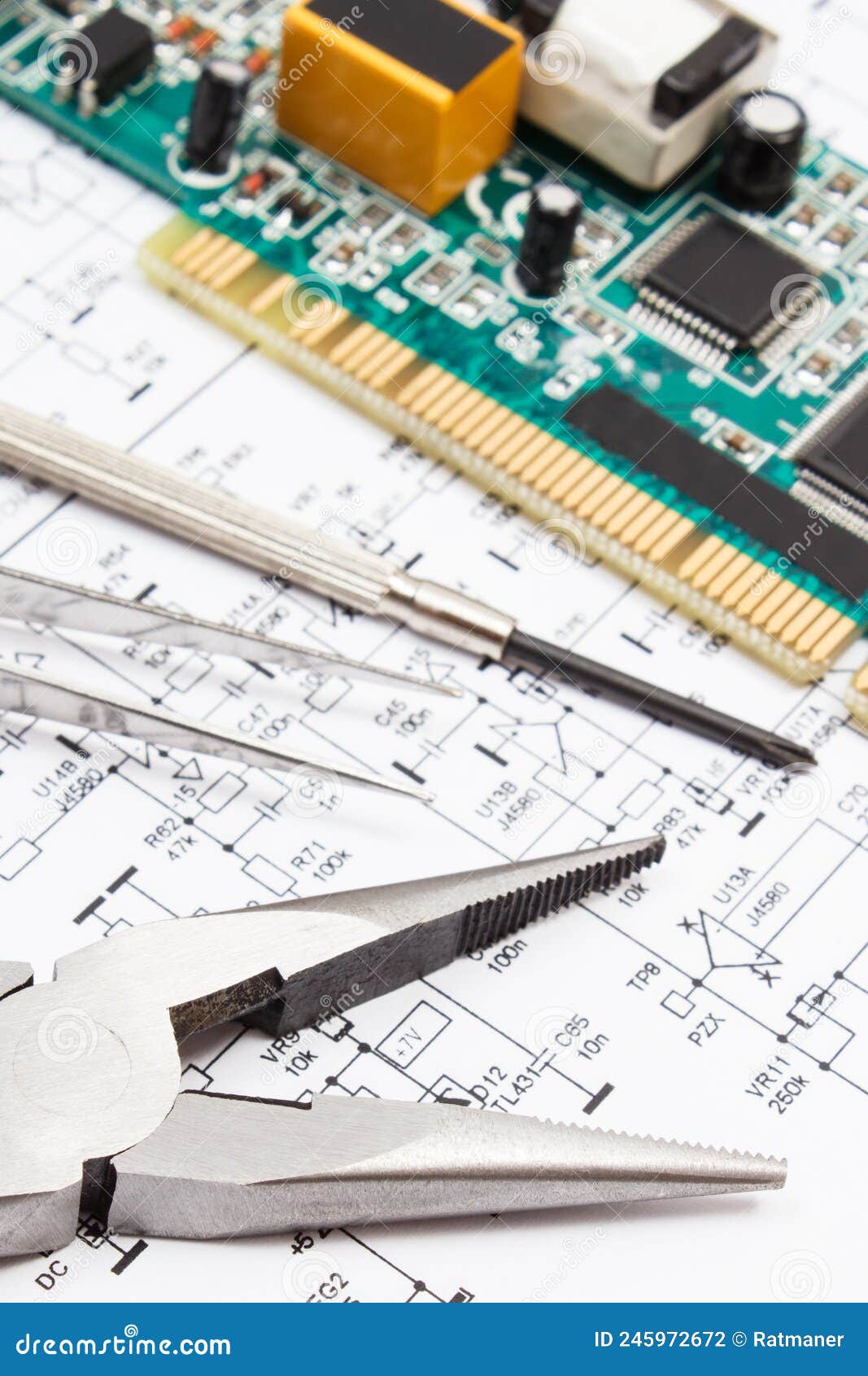 Circuit Board with Transistors, Resistors, Capacitor. Diagram of ...