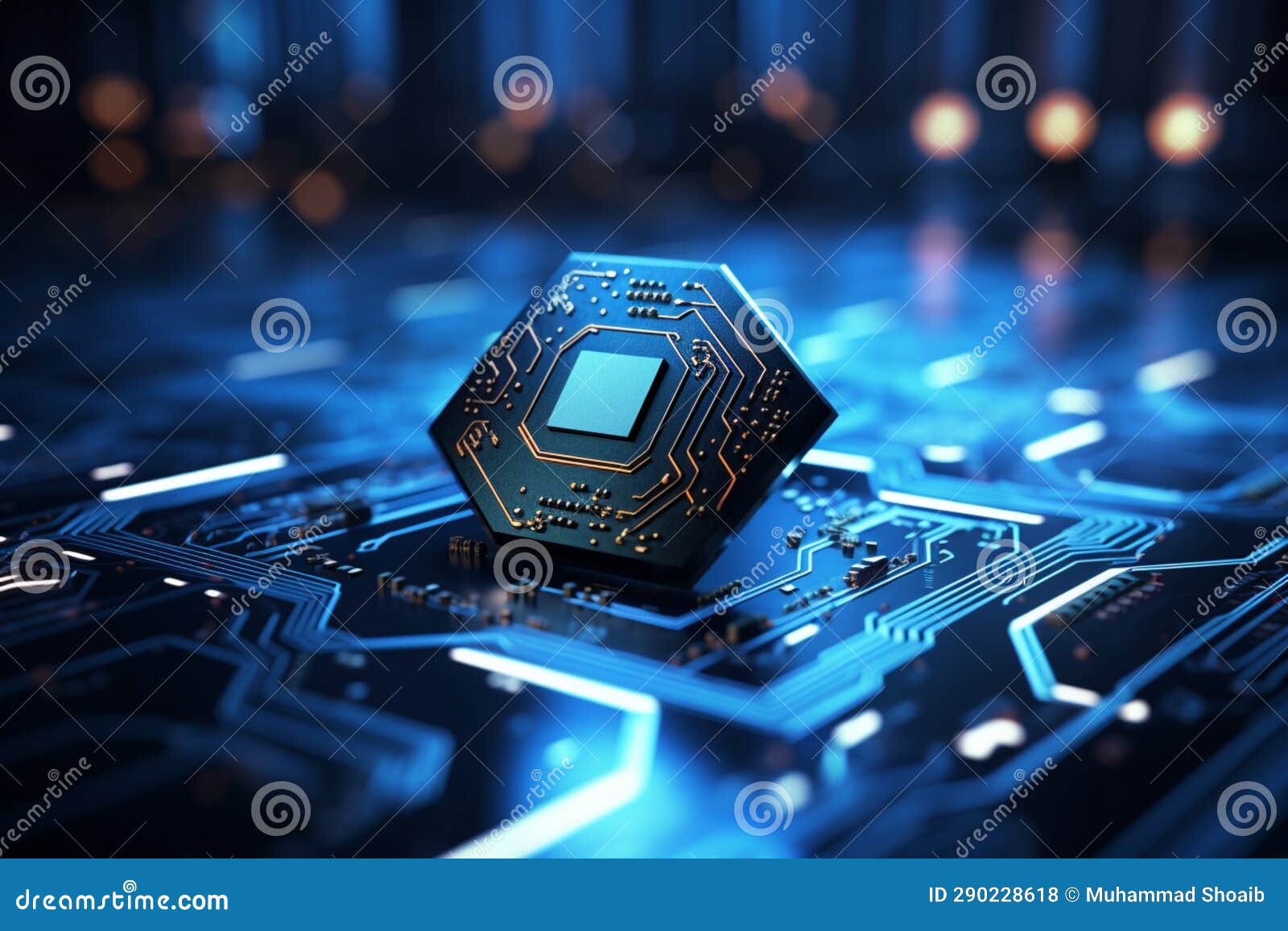 Circuit Board Wireframe Binary Code And Security Shield On A Blue