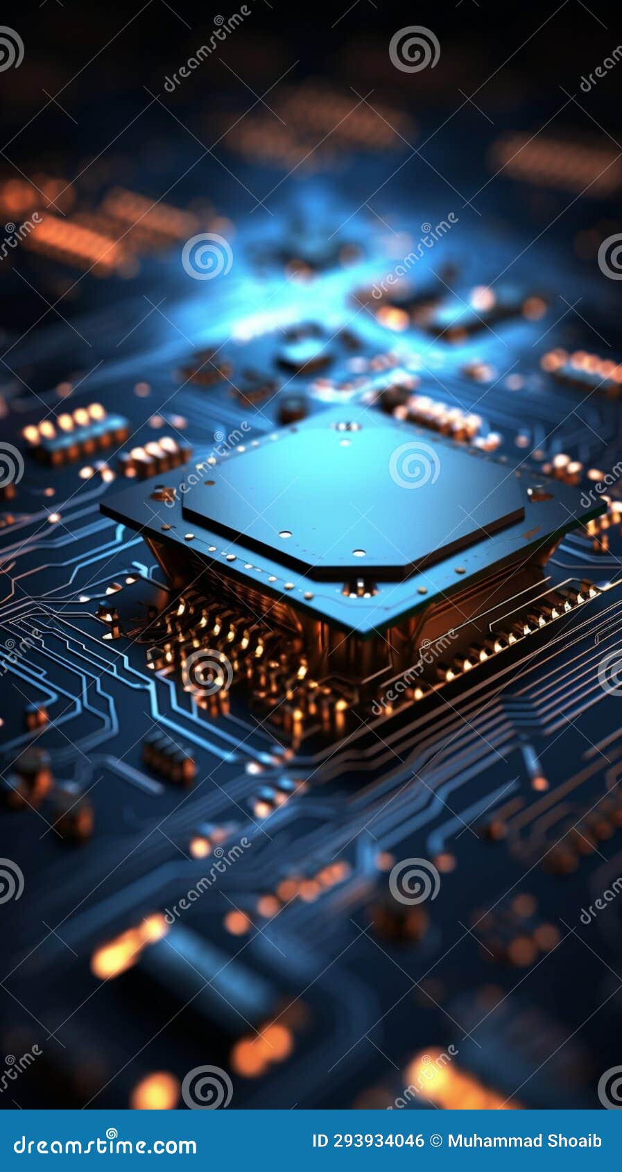 Circuit Board Wireframe Binary Code And Security Shield On A Blue