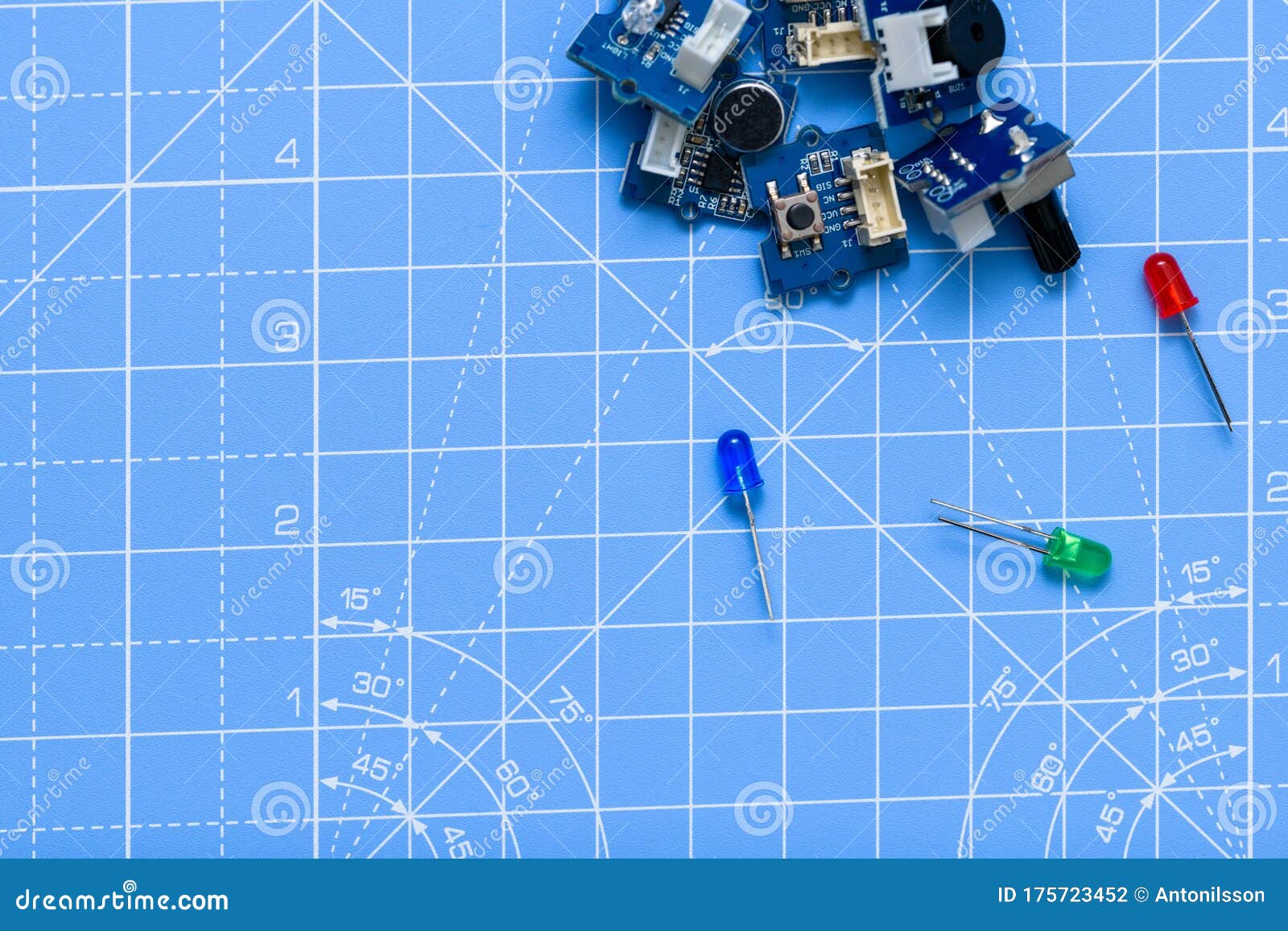 Circuit-boards and Blue, Gree and Red Led Electrical Components on Blue ...