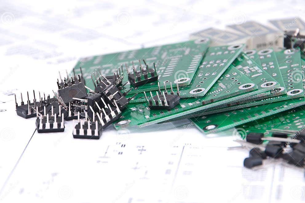 Circuit Boards, Components with Schematics Stock Photo - Image of ...