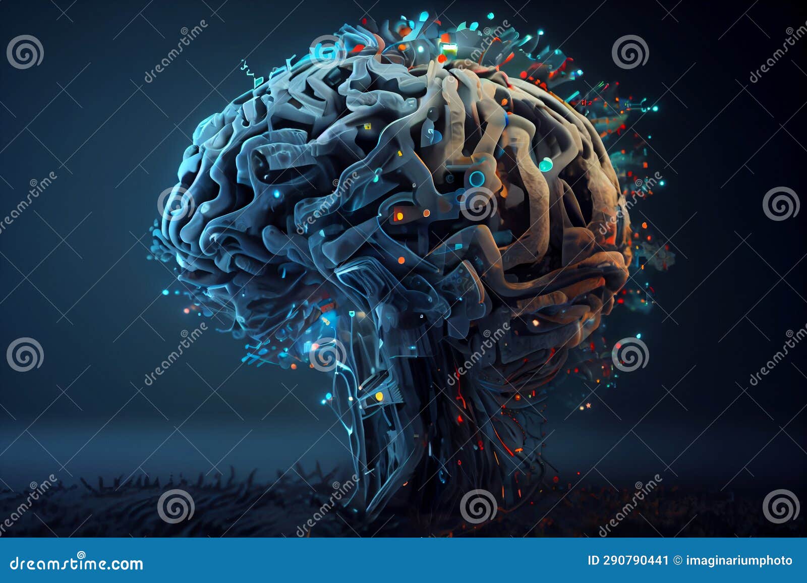 Brain. Blue 3d Side Of The Brain With Synapses And Glowing Neurons ...