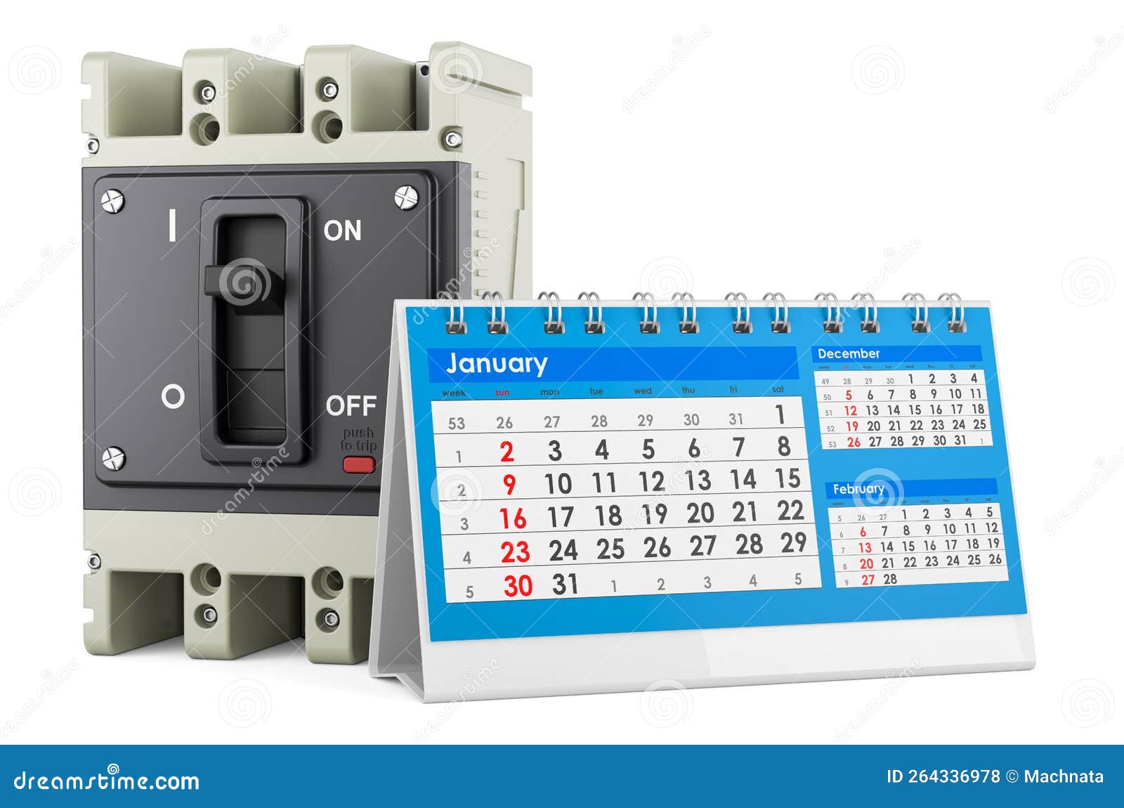 Circuit Breaker with Desk Calendar, 3D Rendering Stock Illustration ...
