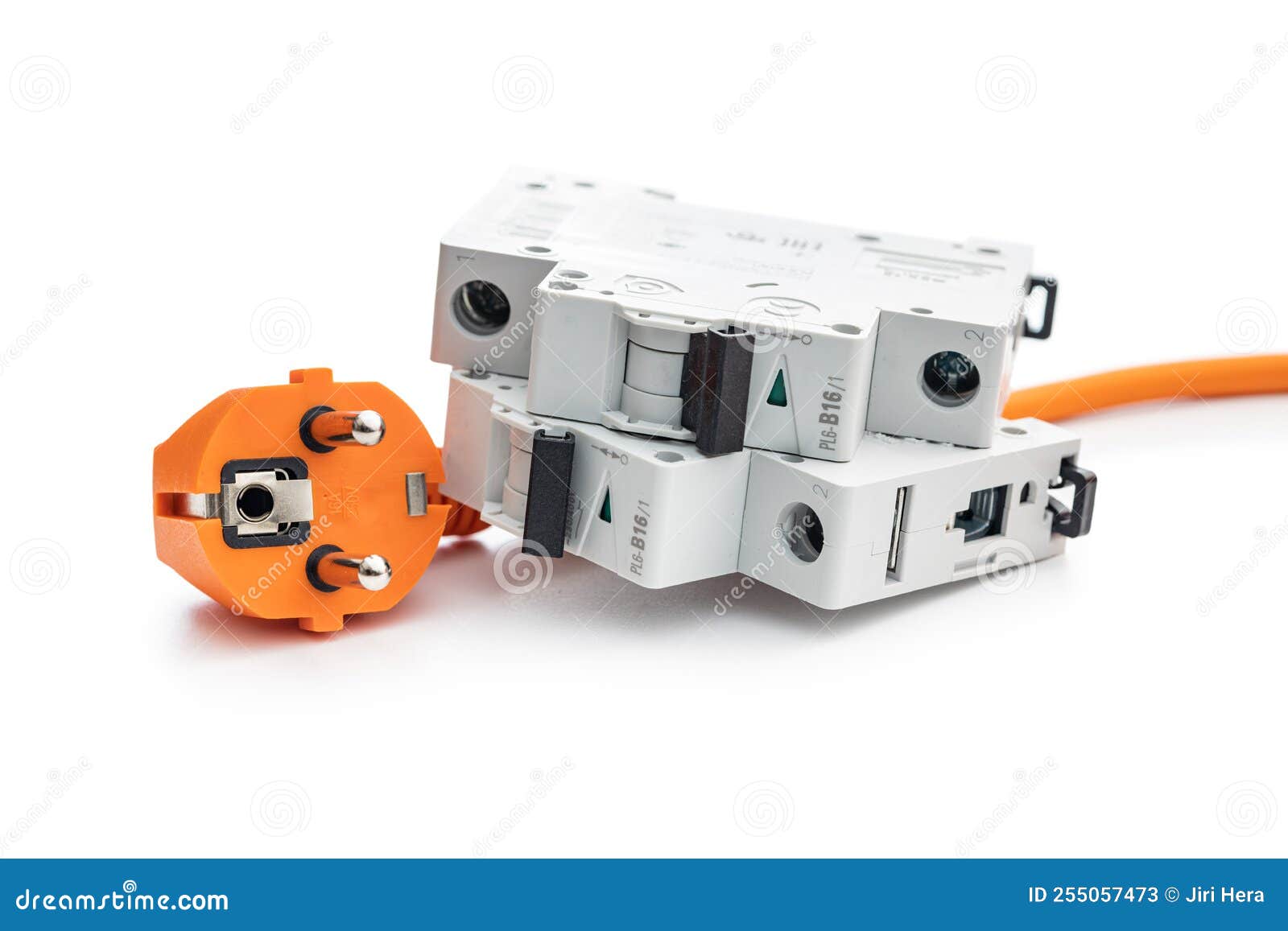 Circuit Breaker and Orange Electric Plug Isolated on White Background ...