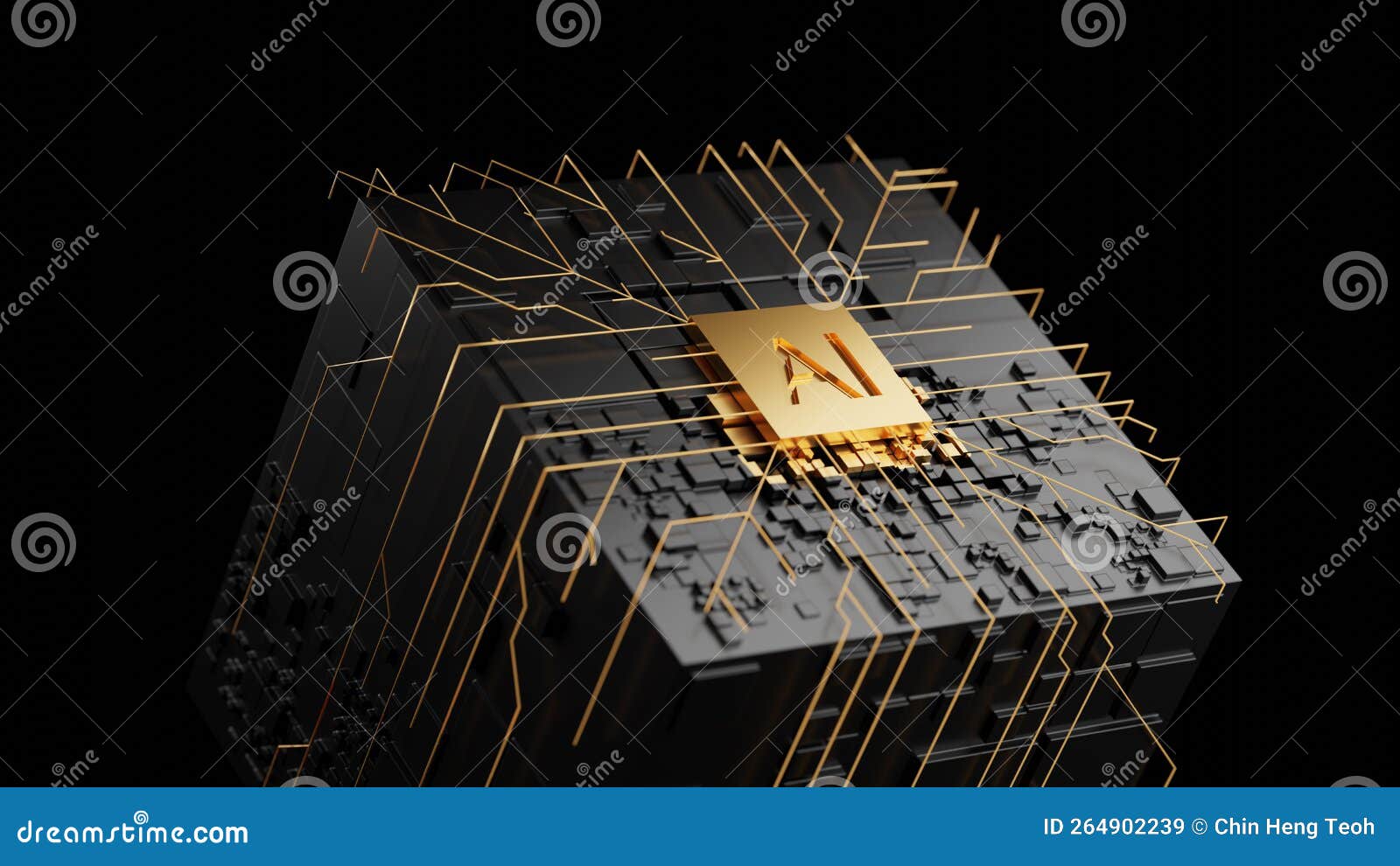 Circuit Cube Board with Gold AI Chip. Central Computer Processors CPU ...