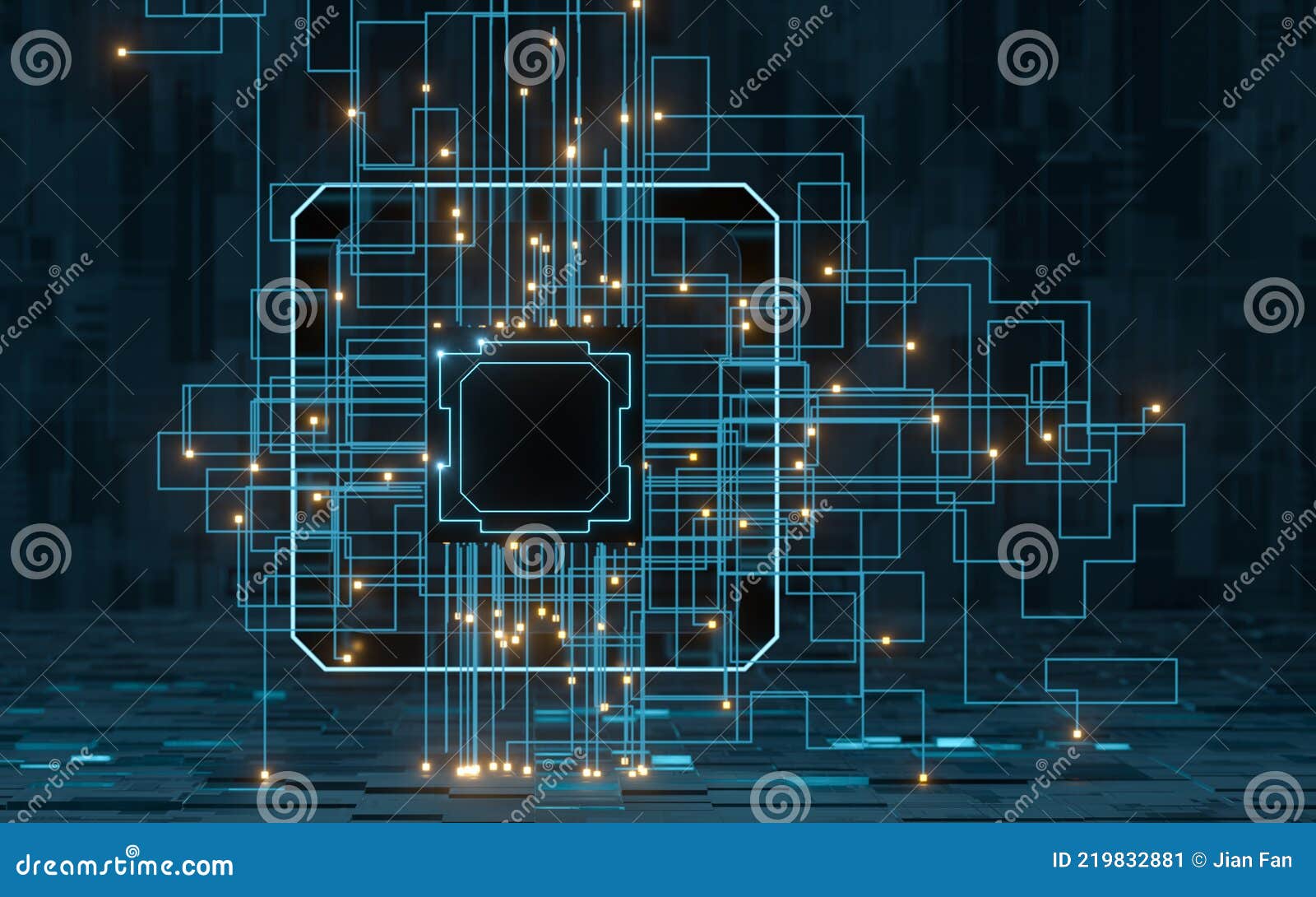 Circuit Lines and Chip with Black Background, 3d Rendering Stock ...
