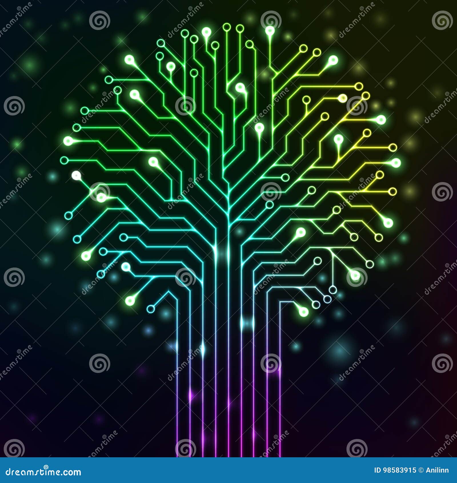 Circuit Tree with Multicolor Neon Lights Stock Vector - Illustration of ...