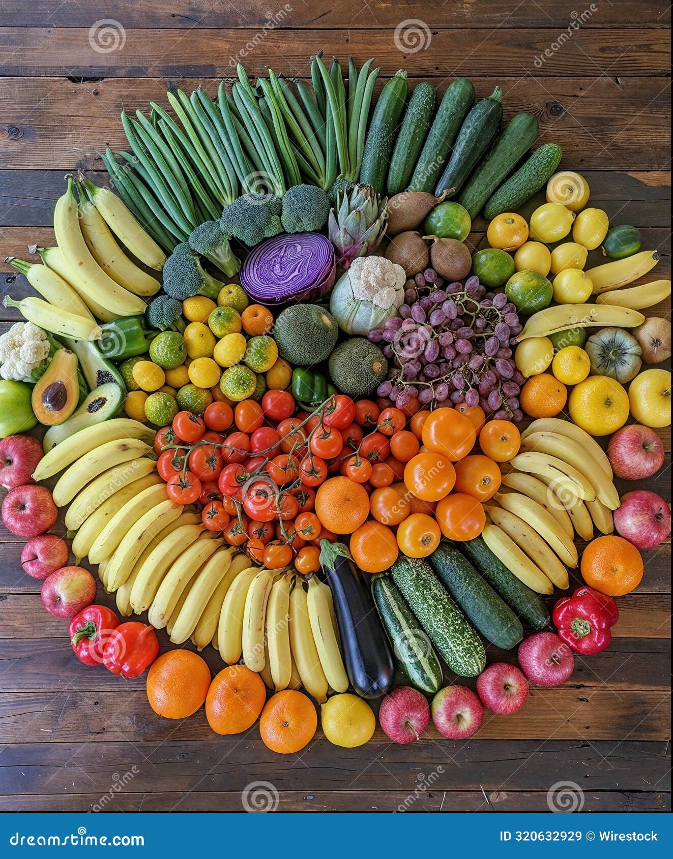 A Circular Arrangement of Fruit and Vegetables on a Table Top Stock ...
