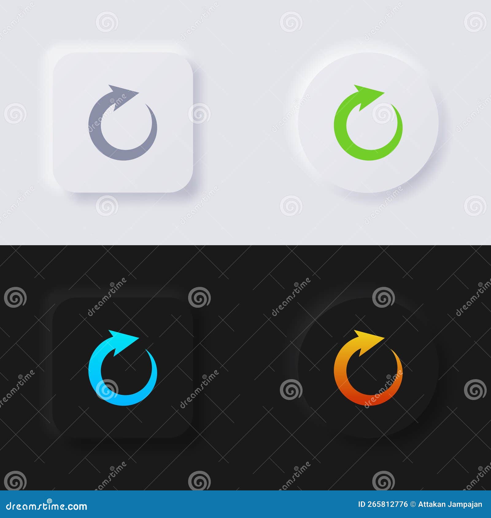 Circular Arrow Button Icon, Reload Button Icon Set, Multicolor Neumorphism Button Soft UI Design ...
