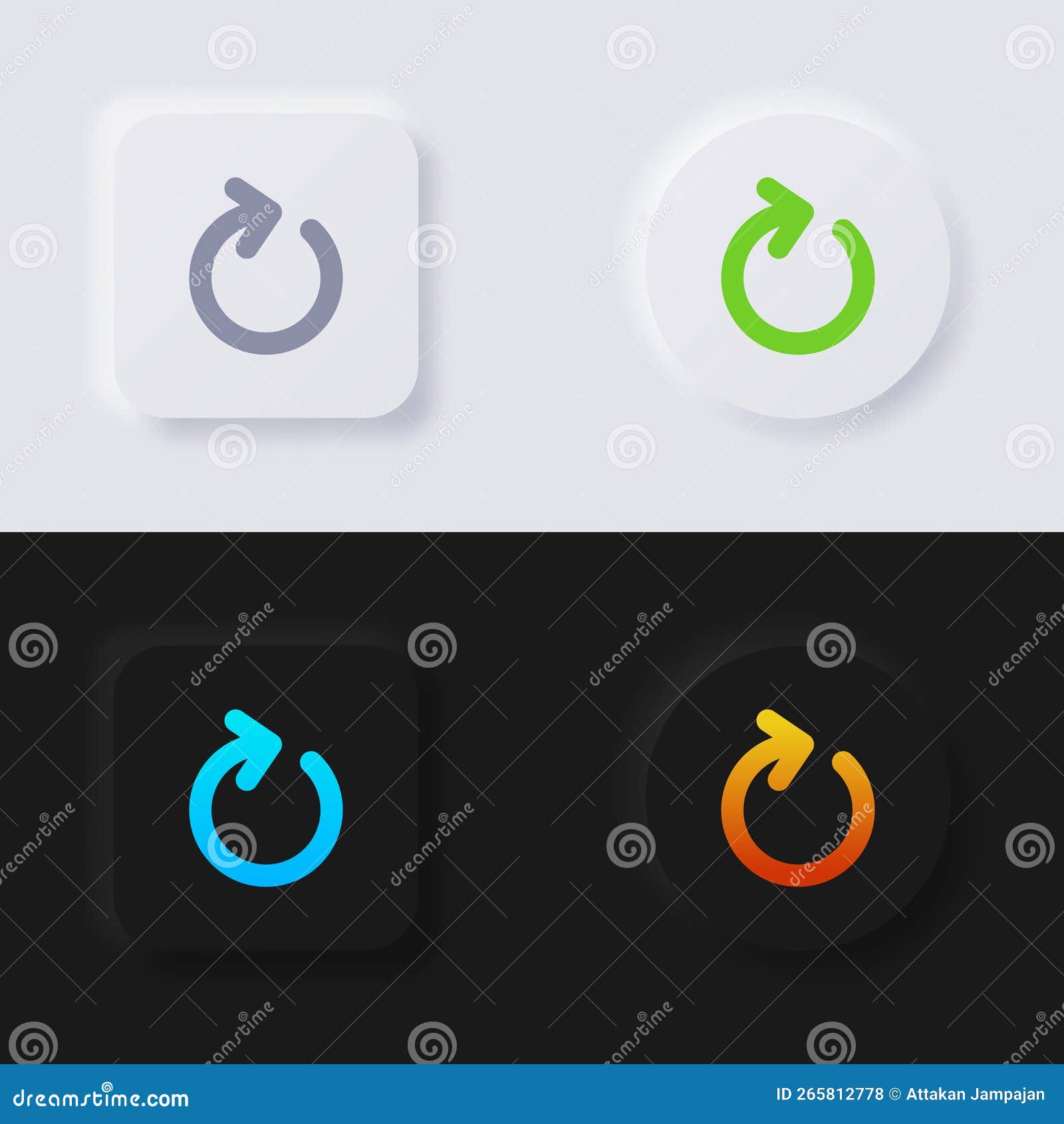 Circular Arrow Button Icon, Reload Button Icon Set, Multicolor Neumorphism Button Soft UI Design ...