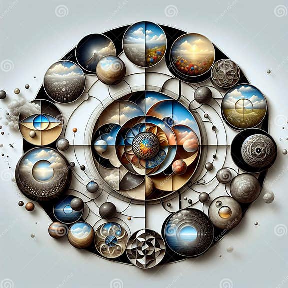 Circular Artwork of Landscapes and Celestial Bodies. Stock Illustration ...