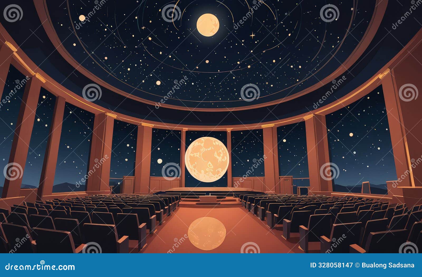 Circular Auditorium with Dome Ceiling and Large Windows, Illuminated by ...