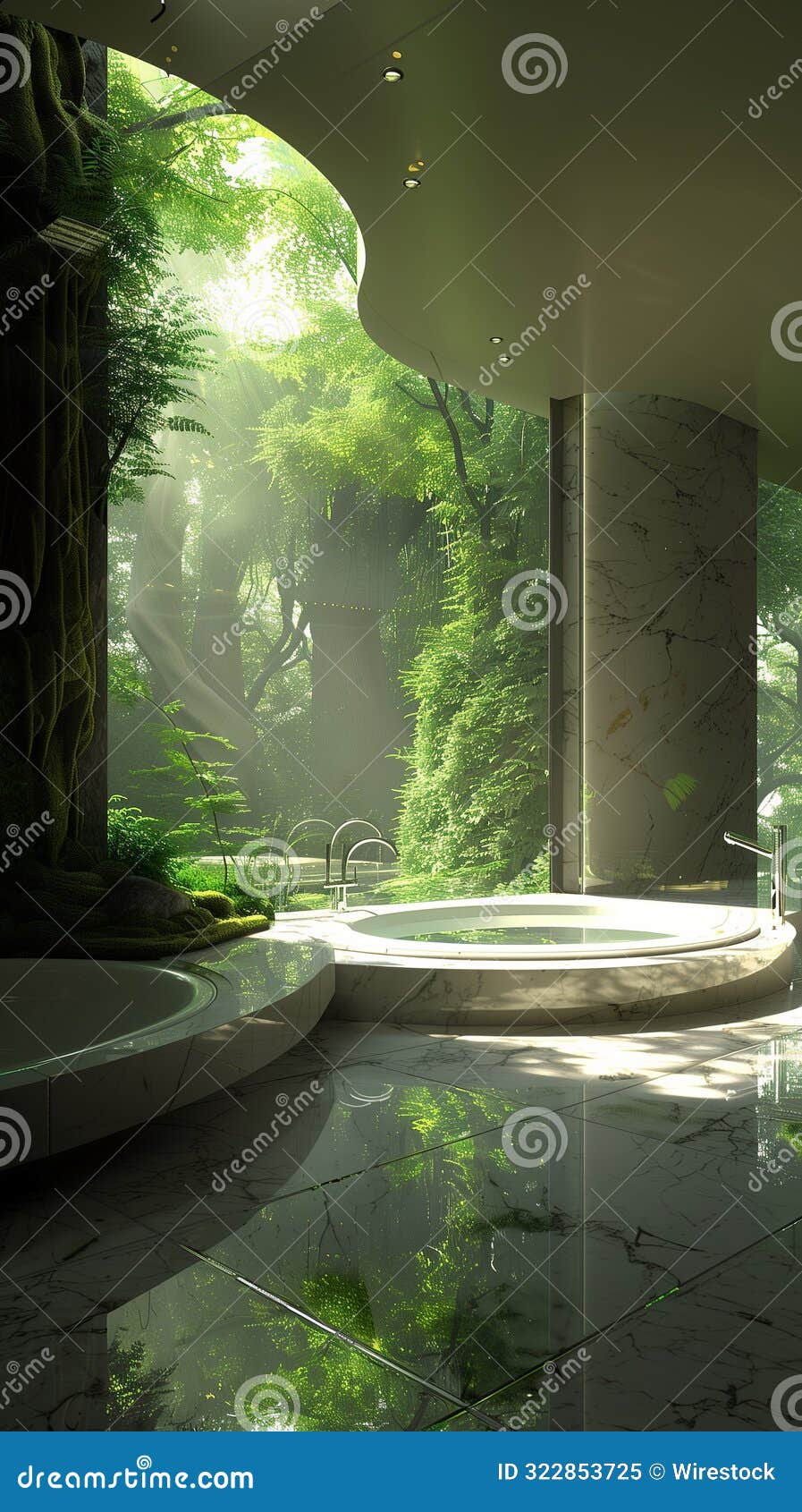 Circular Bathtub Under a Tree by a Bathroom, AI-generated. Stock Image ...