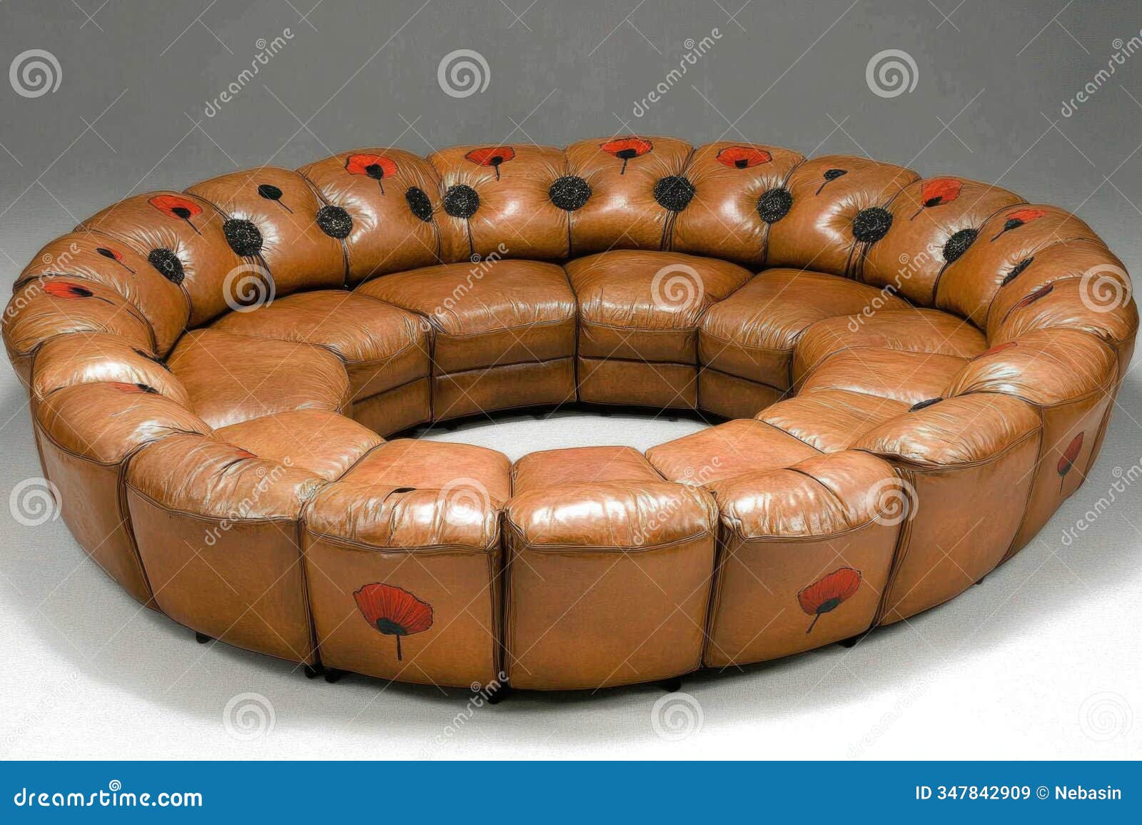 Circular Brown Leather Sofa with Floral Pattern and Modular Design ...
