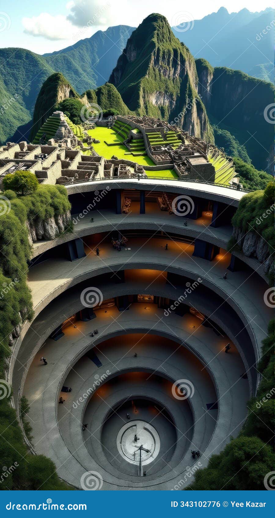 Circular Building with Machu Picchu in the Background Stock ...