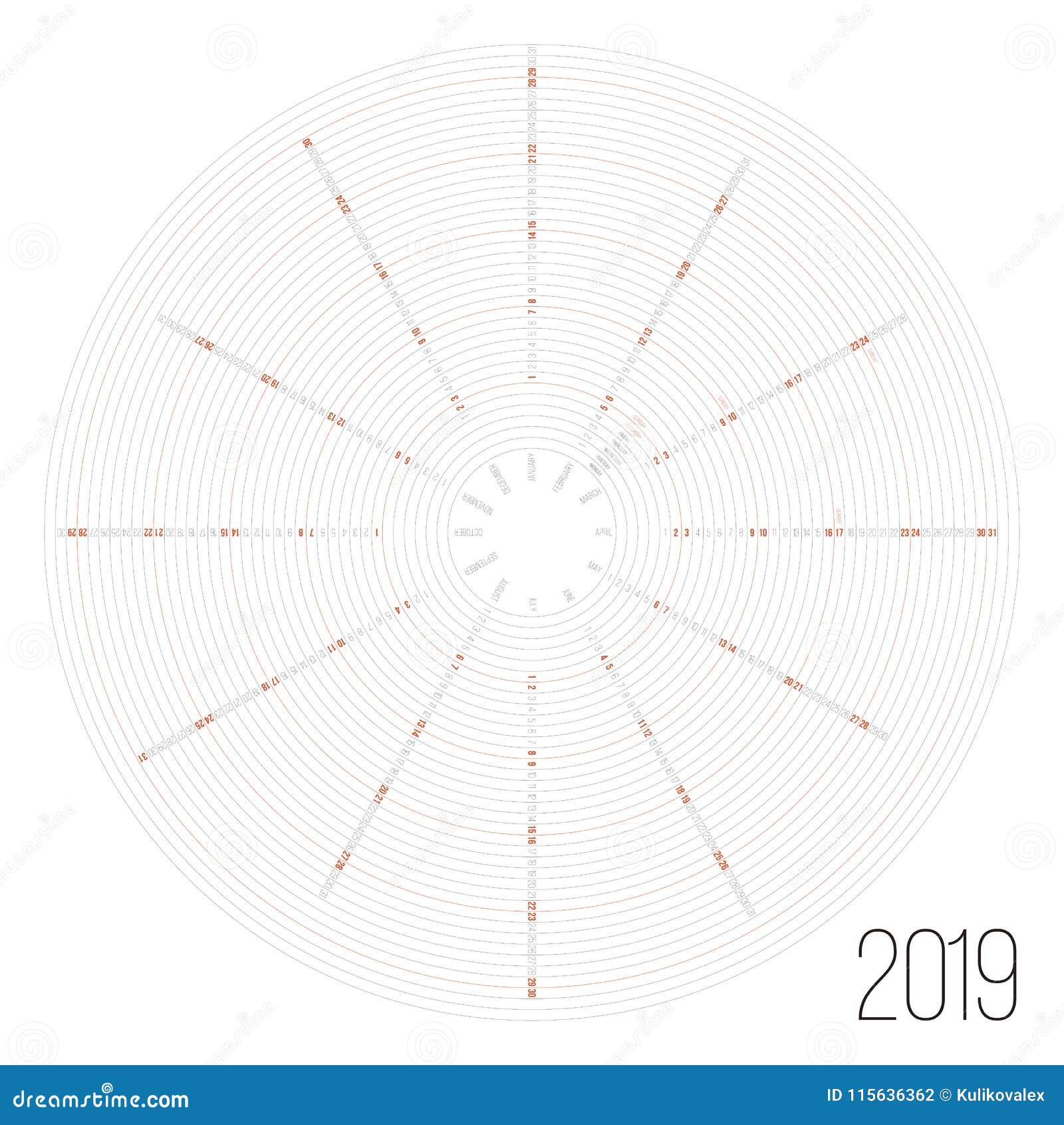 Circular Calendar 2019 Year. Minimal Date Poster Stock Vector ...
