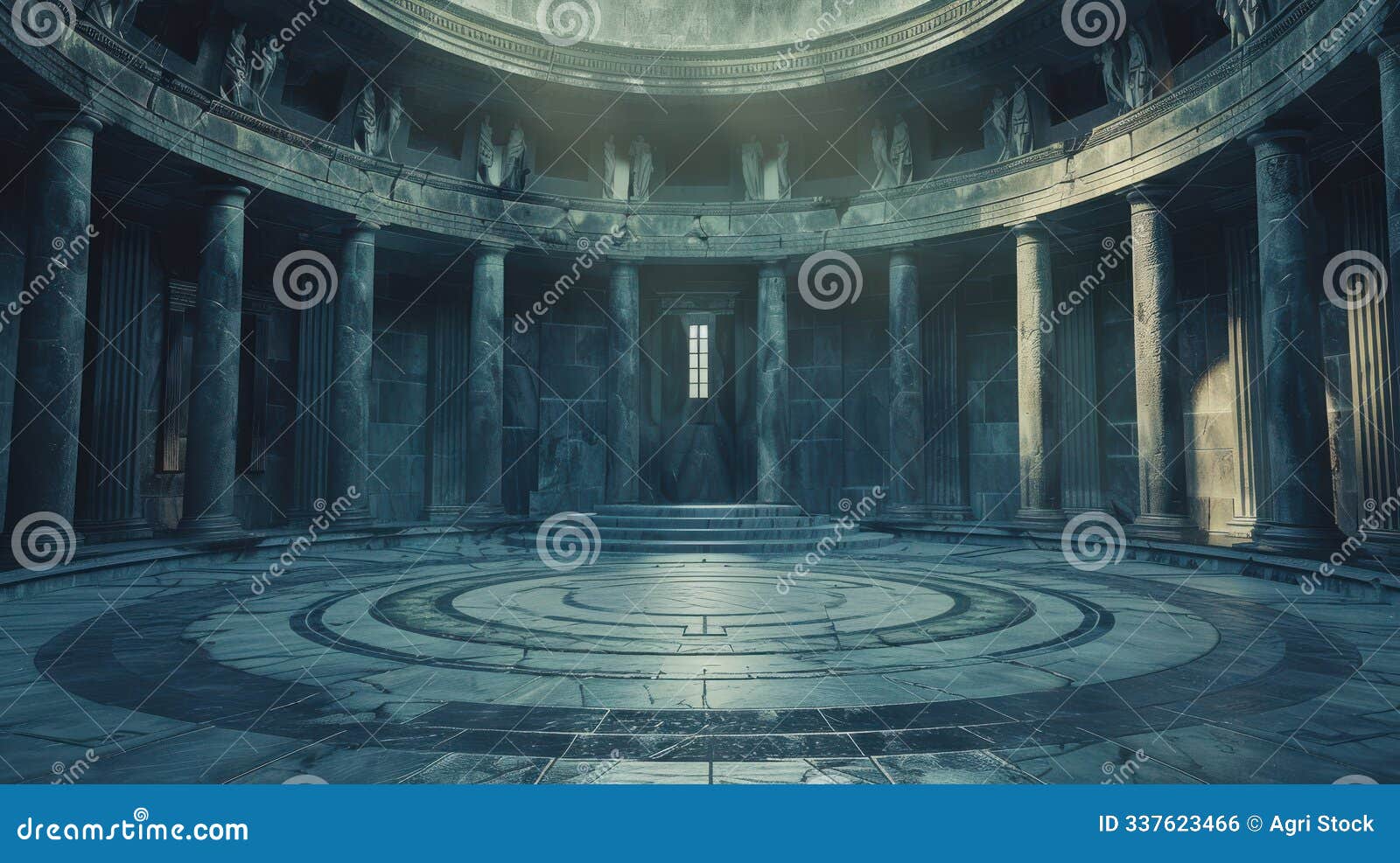 A Circular Chamber with Stone Pillars and a Central Platform Bathed in ...