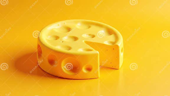 Circular Cheese Wheel with Slice on Solid Yellow Background Stock ...