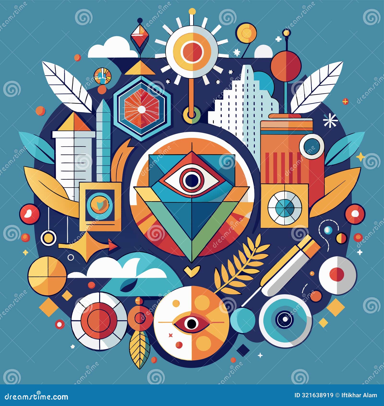 A Circular Collage of Abstract Geometric Shapes and Symbolic Elements ...