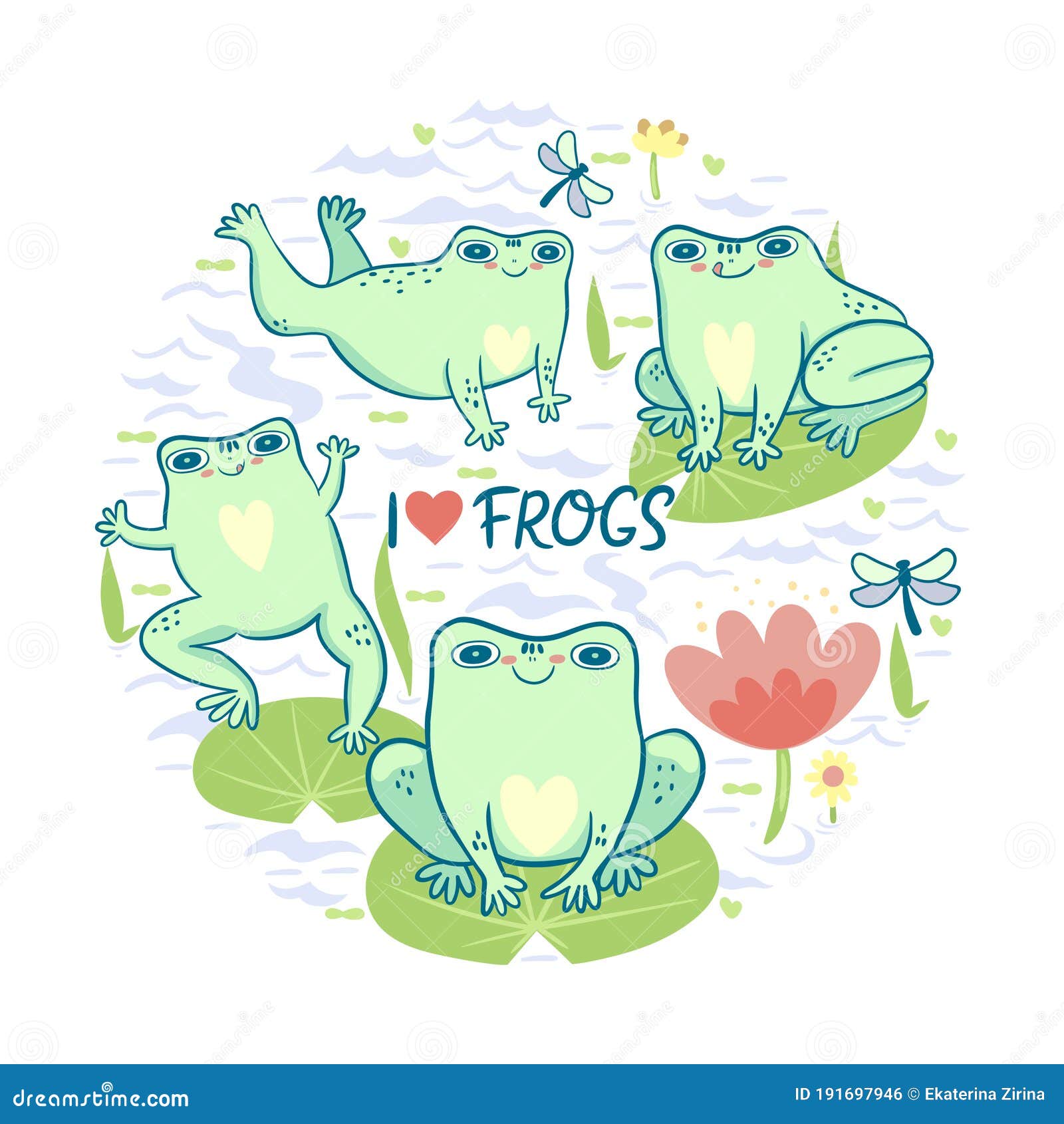 Circular Composition with Frogs and the Inscription I Love. Vector ...