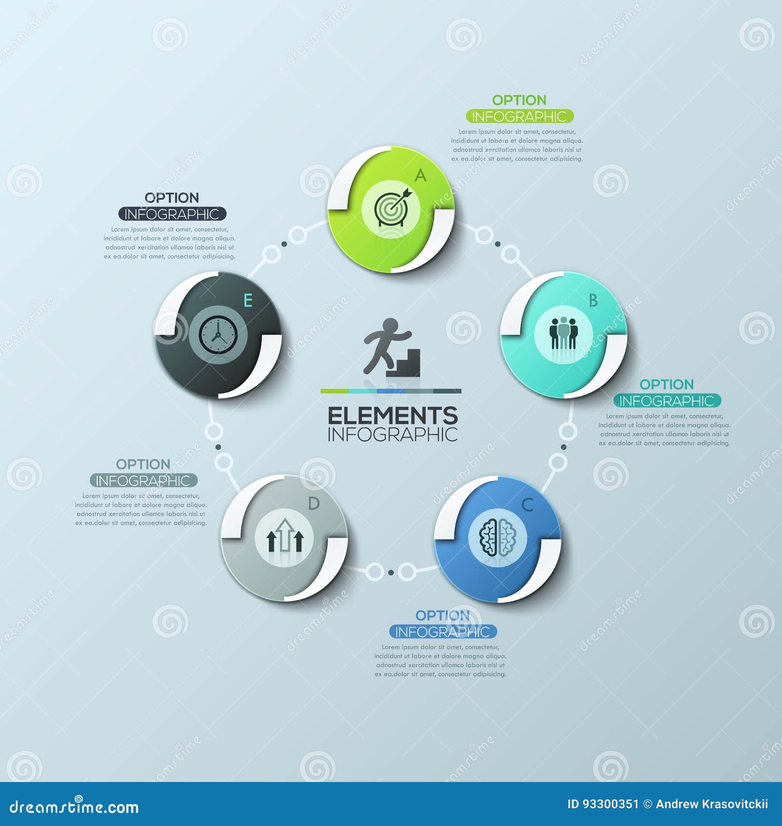 Circular Diagram with 5 Round Elements Connected by Lines and Text ... Circular Diagram with 5 Round Elements Connected by Lines and Text ...
