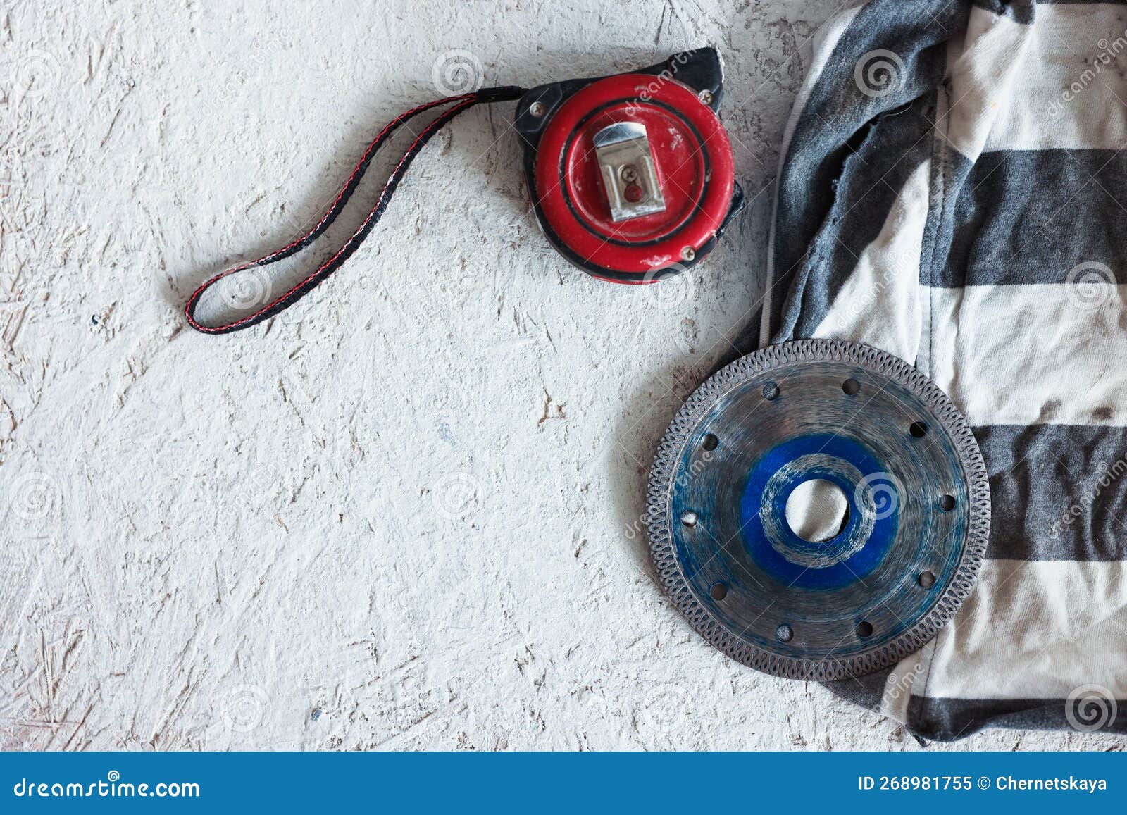 Circular Diamond Blade and Measuring Tape on Chipboard, Flat Lay. Tiles ...