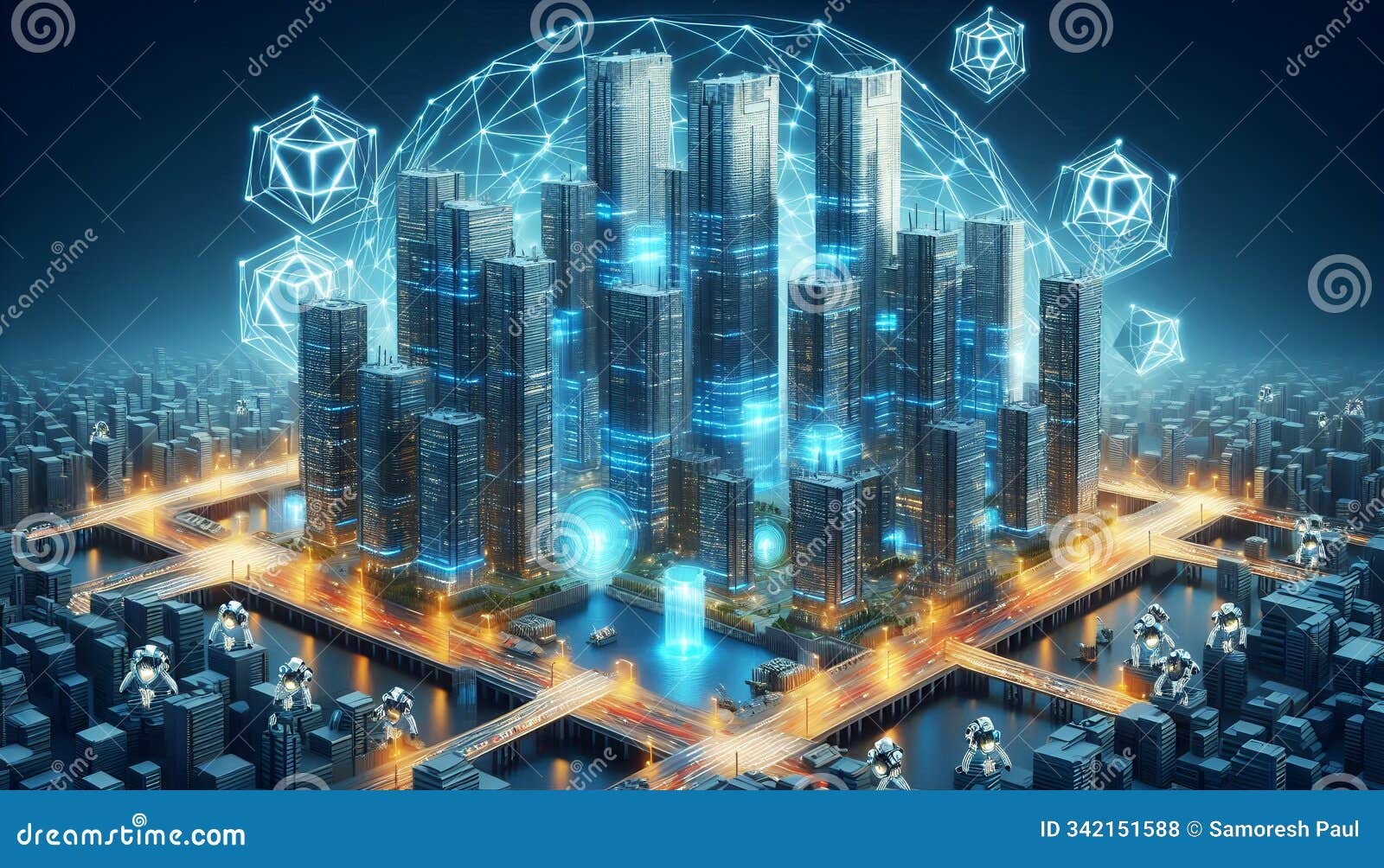 Circular Digital City with Blockchain Nodes and Neon Lights Stock Photo ...