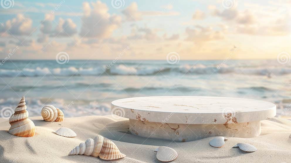 Circular Display Platform for Products on Sandy Beach with Seashells ...