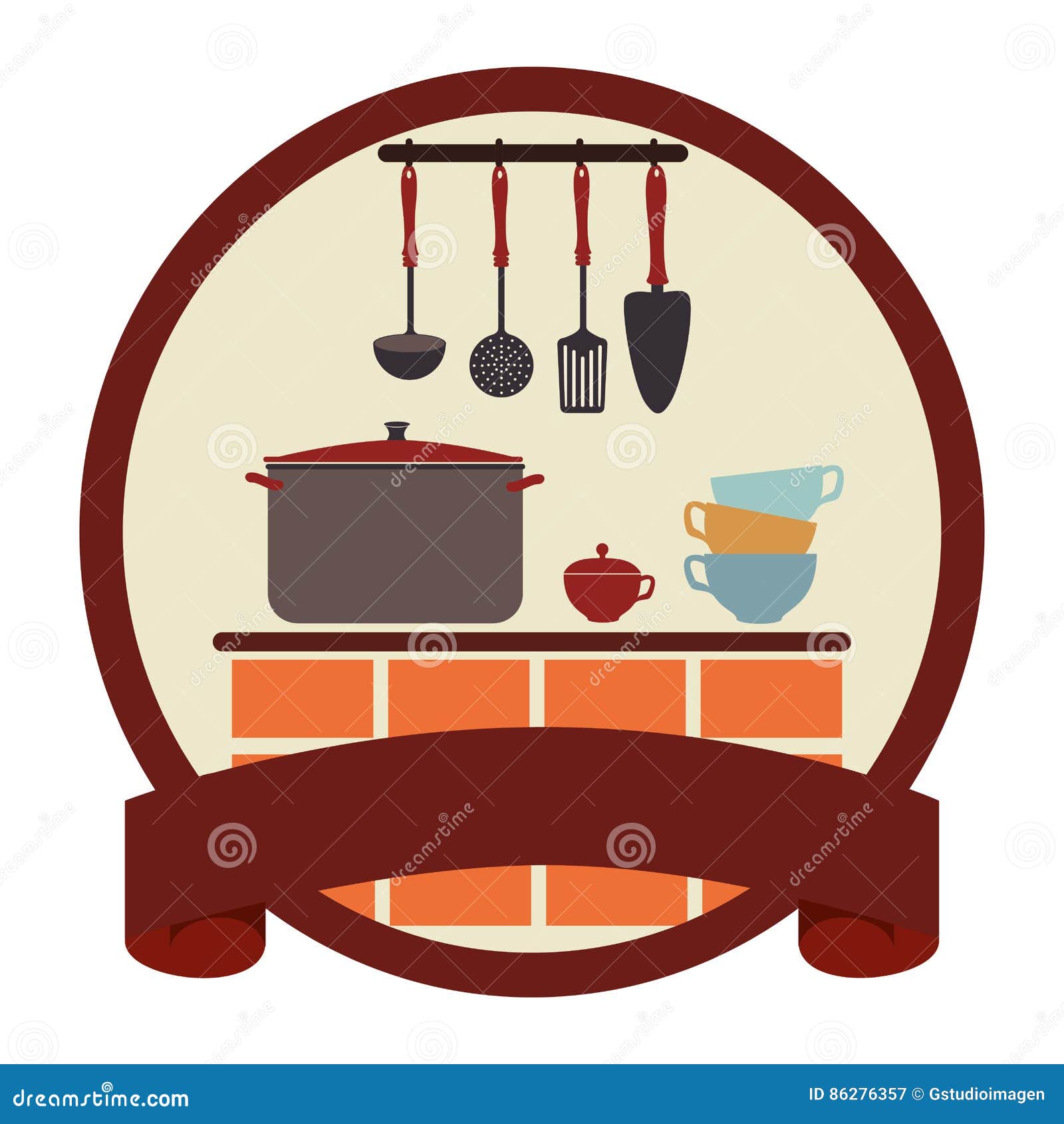 Circular Emblem with Ribbon and Kitchen Set Stock Vector - Illustration ...