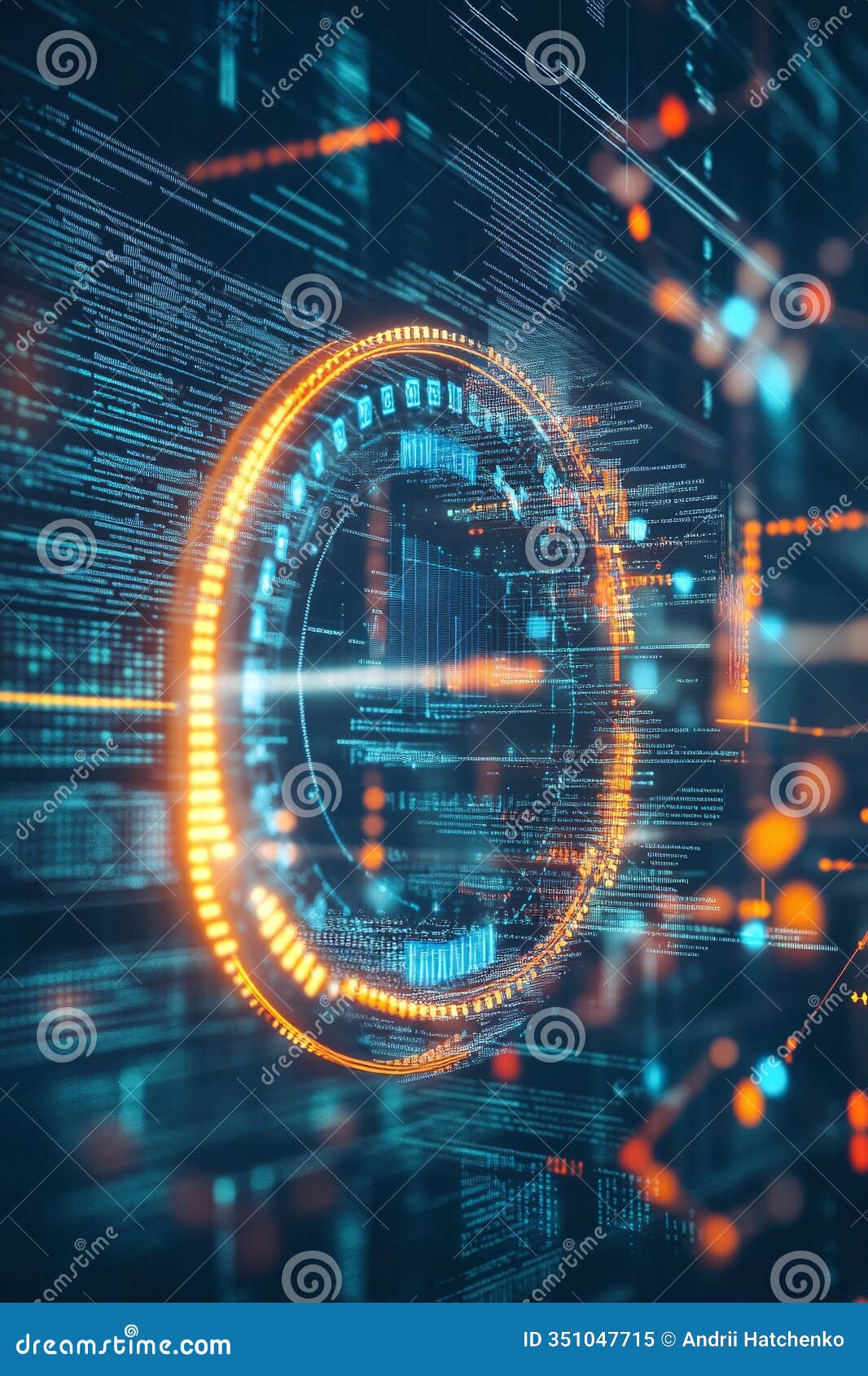 Circular Fintech Badge Floating on a Dynamic Matrix of Financial Data ...