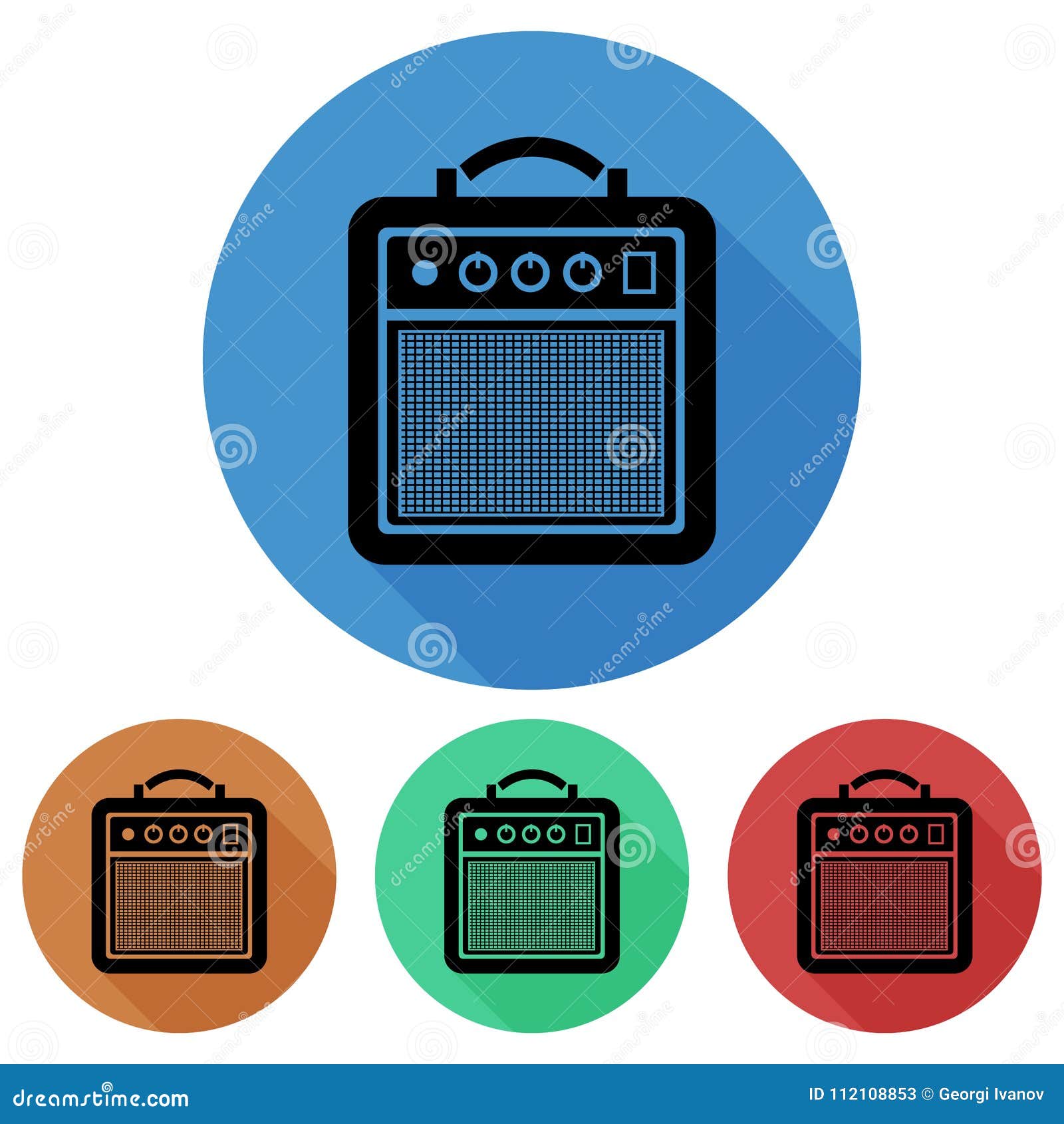 Circular, Flat Guitar Amp Amplifier Icon with a Shadow. Four Variations ...