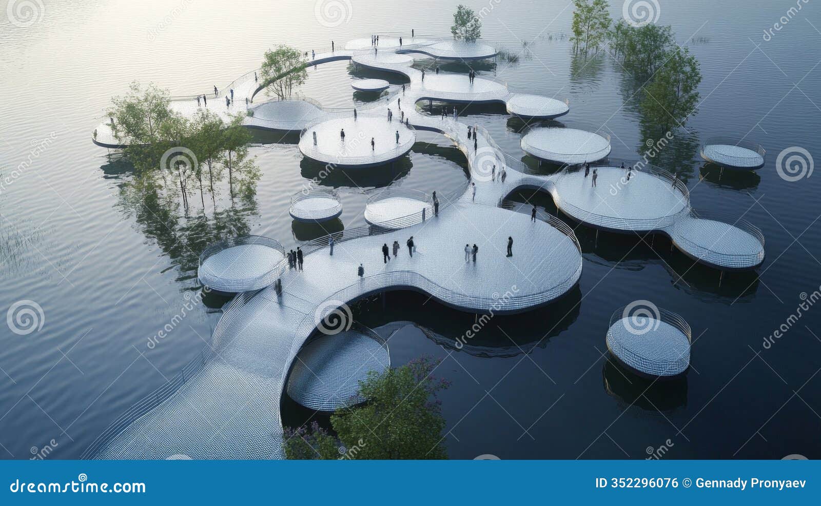 Circular Floating Walkways Over Tranquil Water with People and Trees ...